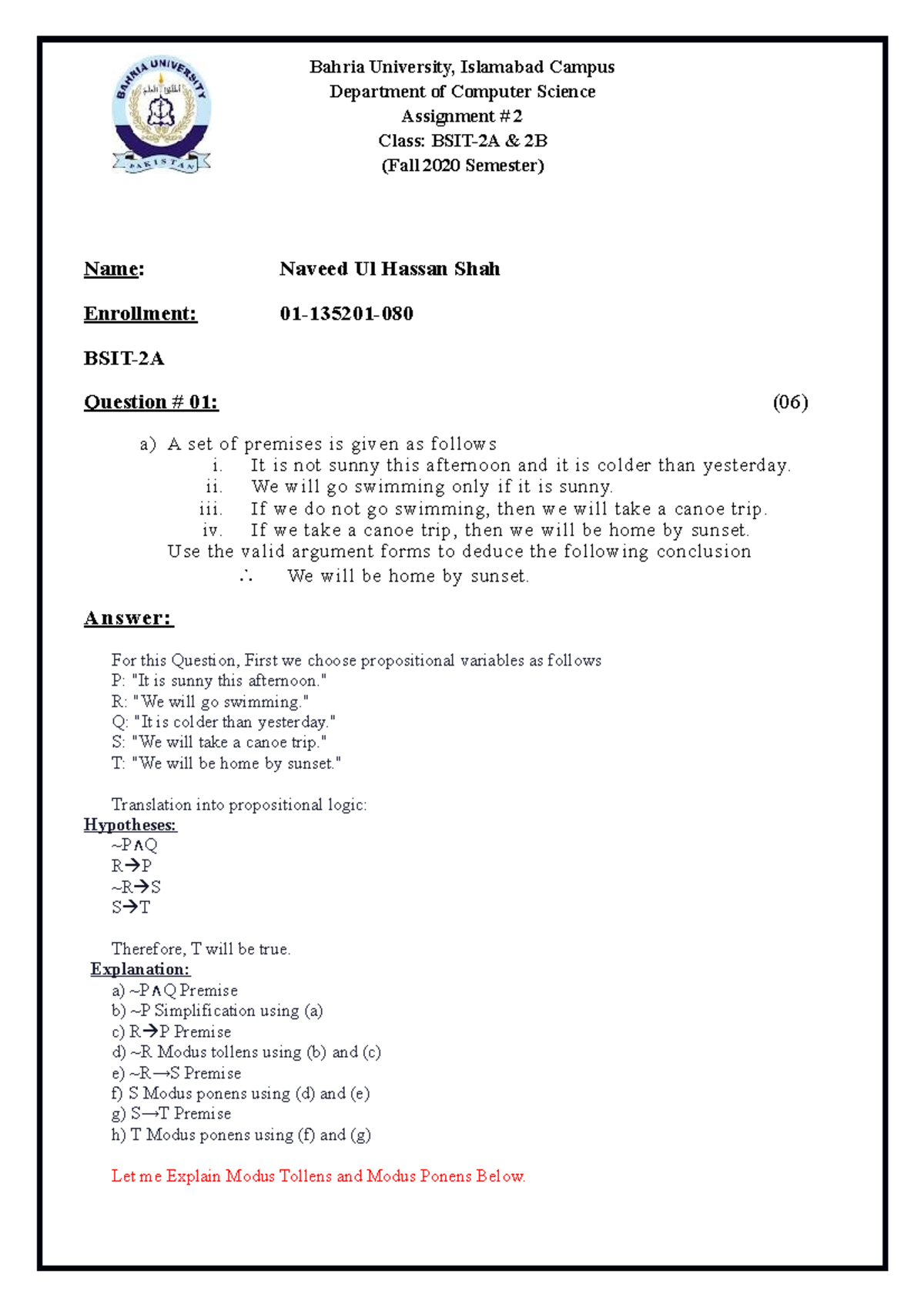 Assignment 2 06102020 103014 am - Bahria University, Islamabad Campus Department of Computer ...