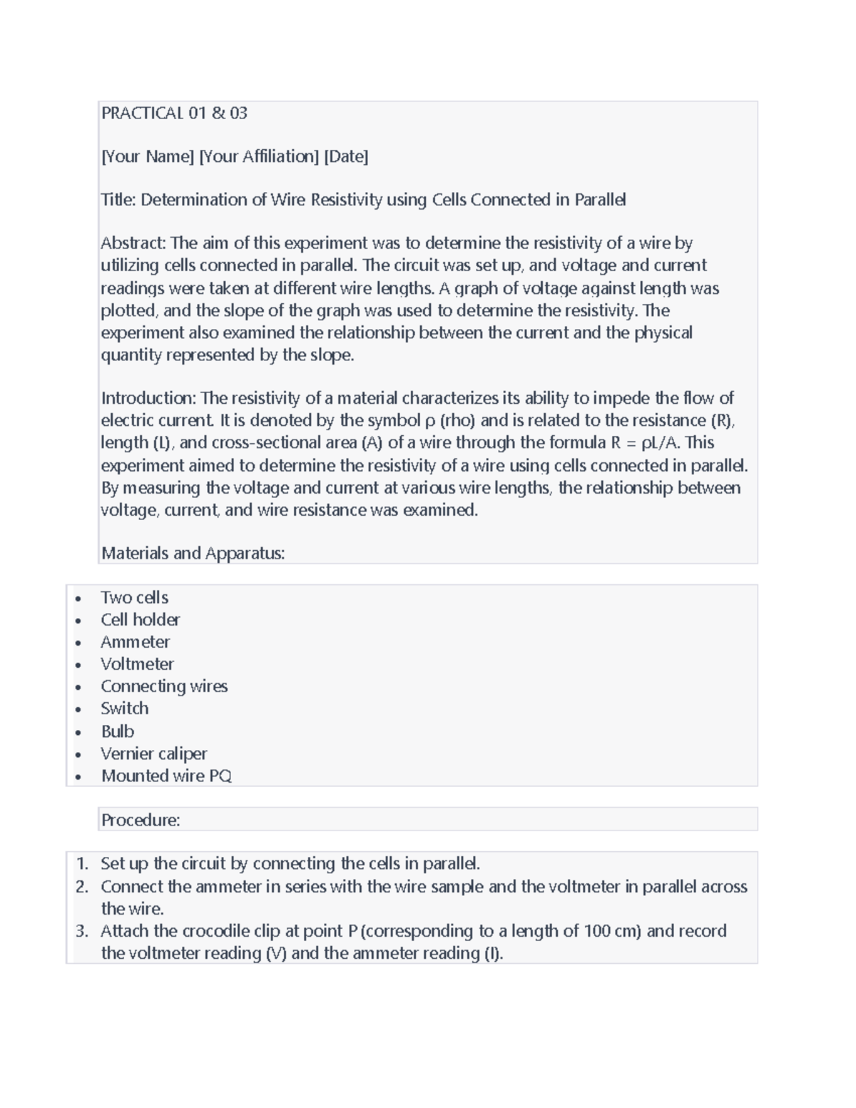 Practical 01 - sample lab report for electricity and magnetism 1 ...