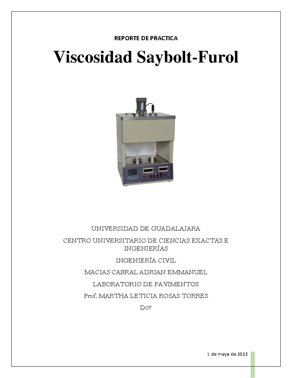 Reporte DE Practica Viscosidad Saybolt-Furol - 1 de mayo de 2022 ...