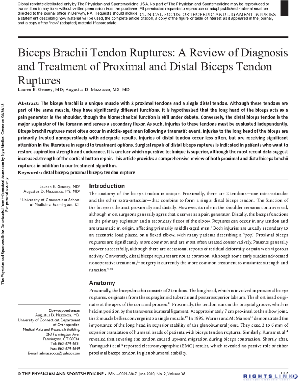Biceps Brachii Tendon Ruptures A Review of Diagnosis and Treatment of ...