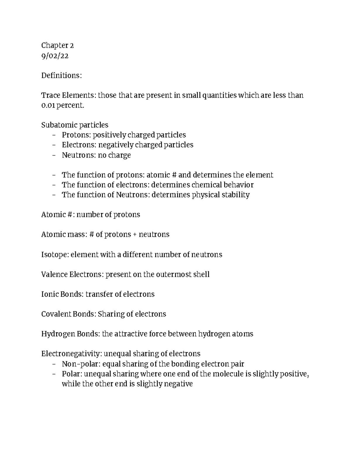 Biology chapter 2 - Chapter 2 9/02/ Definitions: Trace Elements: those ...
