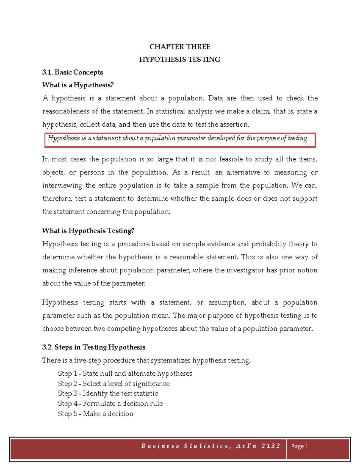 Buss Stat Chapter 3 Hypothesis Testing Chapter Three Hypothesis