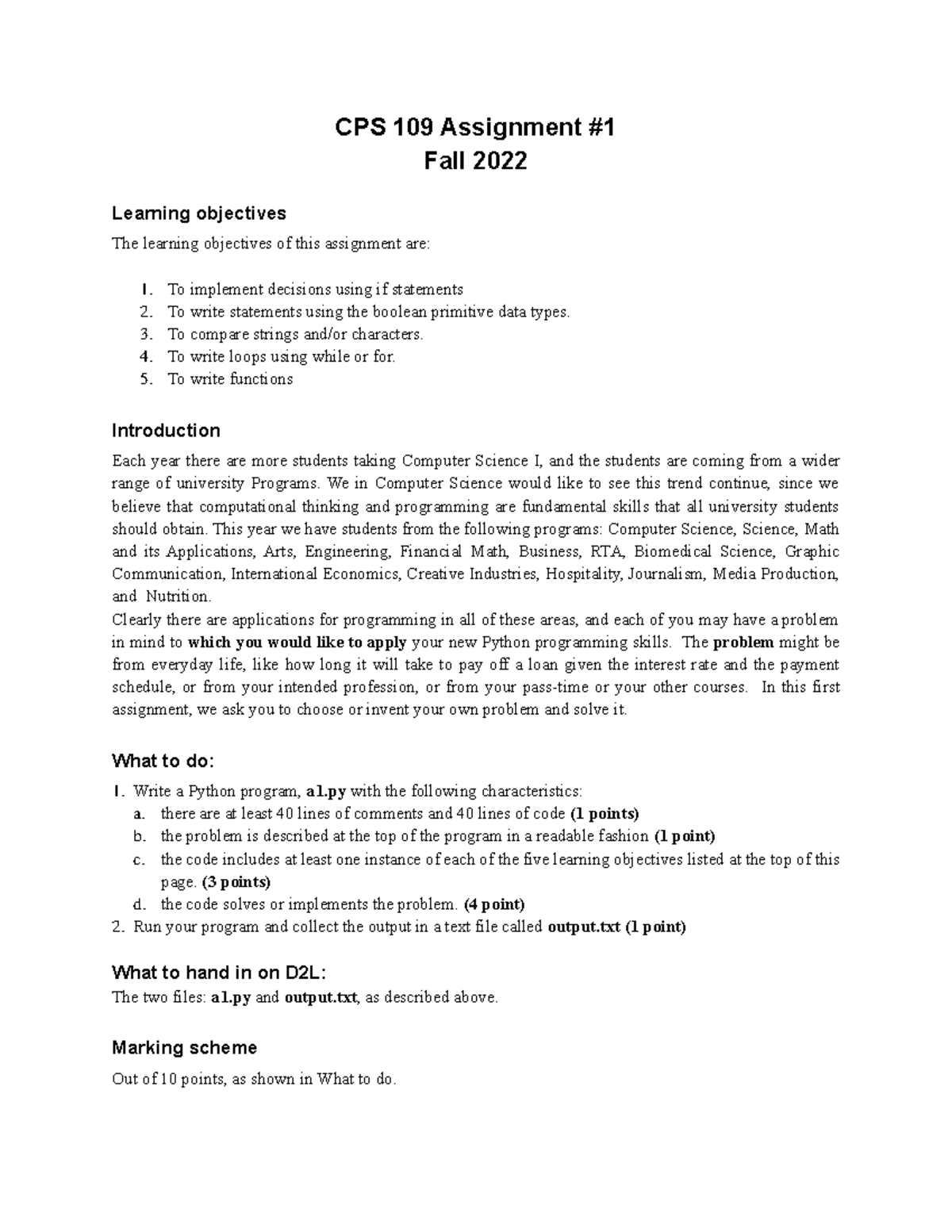 CPS109 Assignment 1 - CPS 109 Assignment Fall 2022 Learning objectives ...