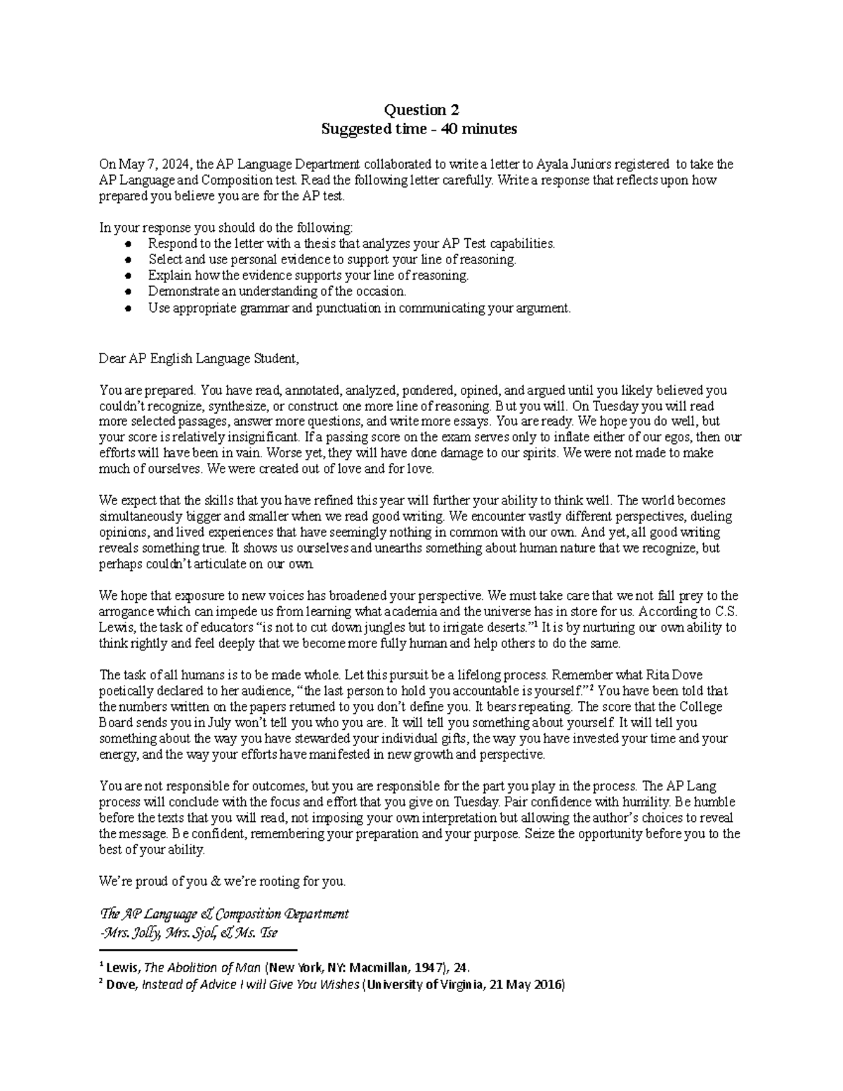 AP Lang. letter to students - Question 2 Suggested time - 40 minutes On ...