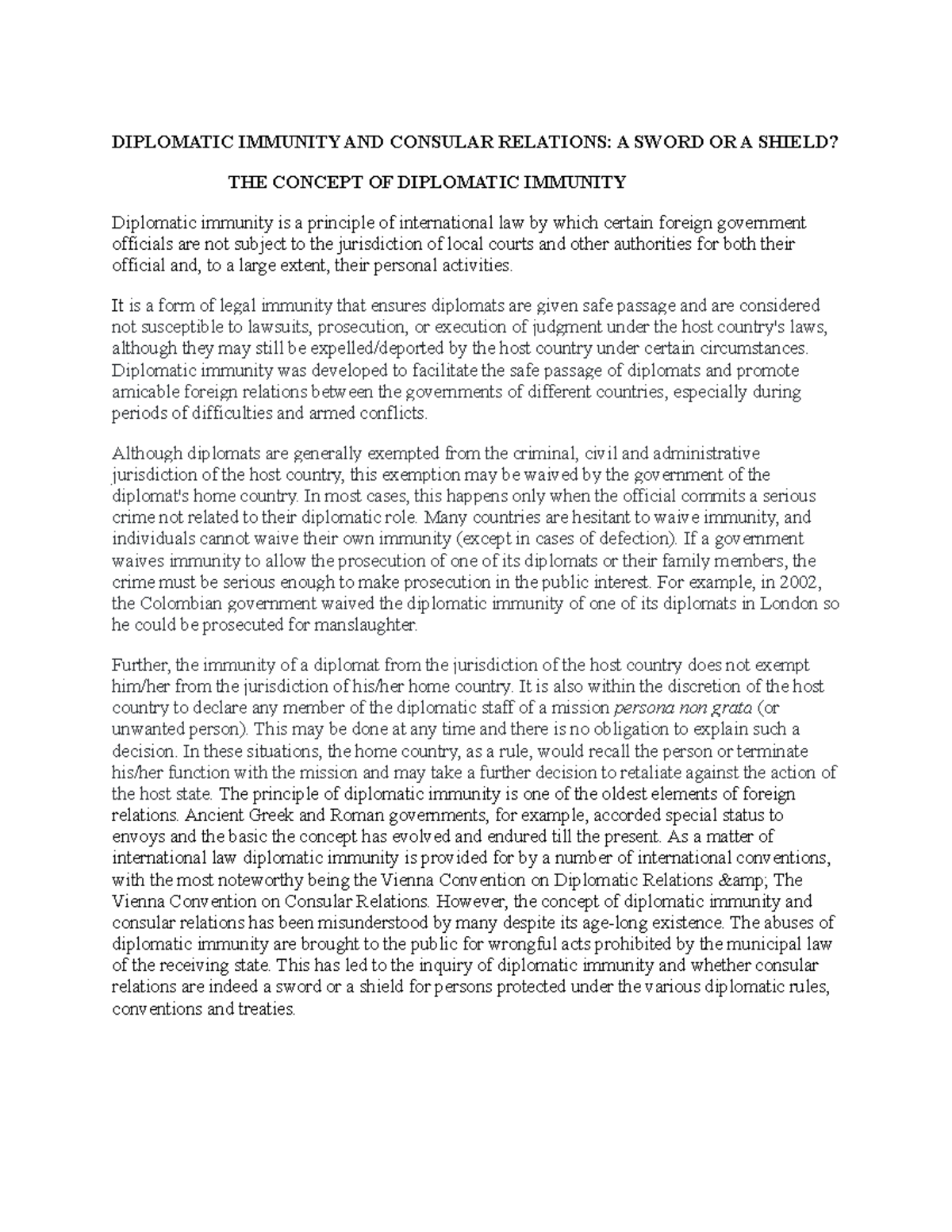 Diplomatic Immunity AND Consular Relations (3 - DIPLOMATIC IMMUNITY AND ...