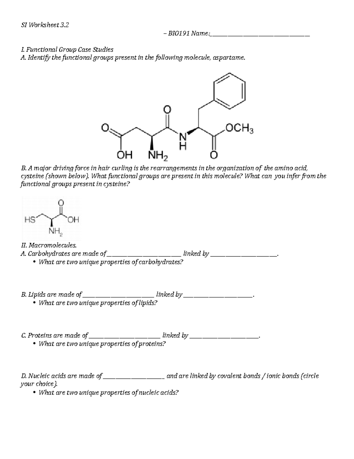 WS3.1 Biomolecules - SI Worksheet 3. - BIO191 Name