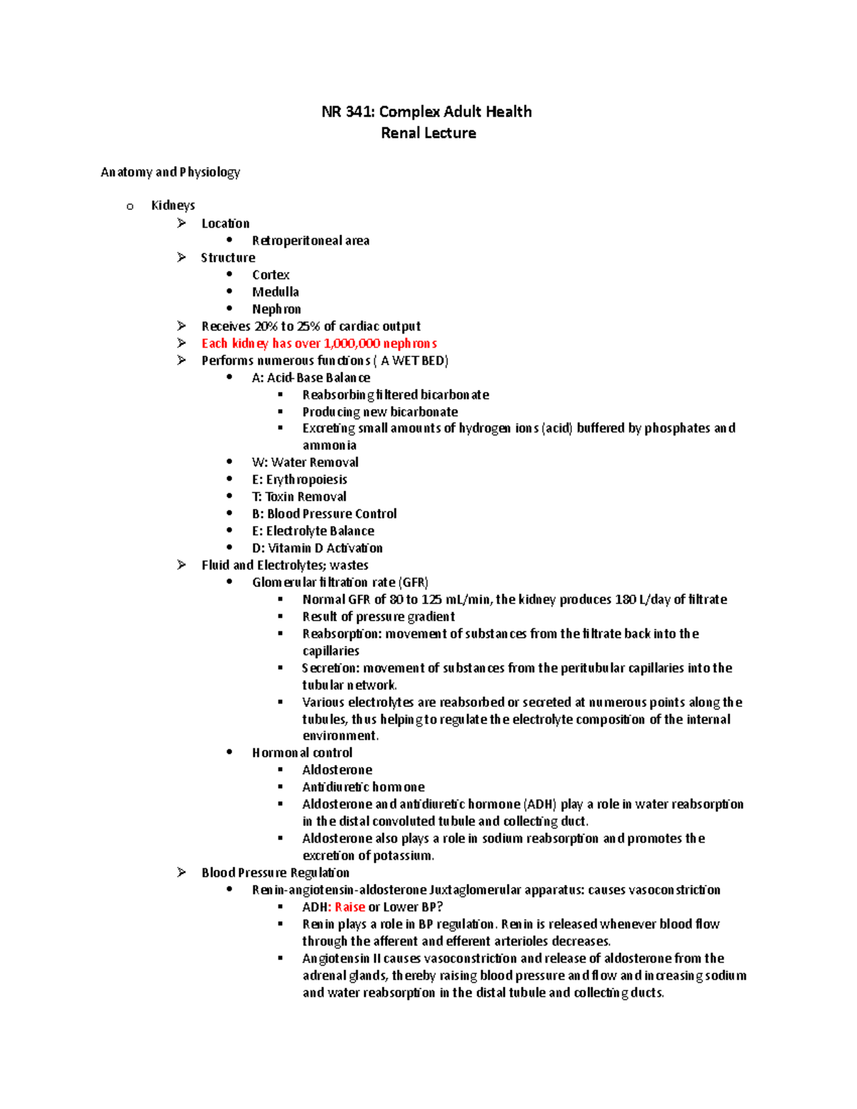 NR 341 Renal Notes - NR 341: Complex Adult Health Renal Lecture Anatomy ...