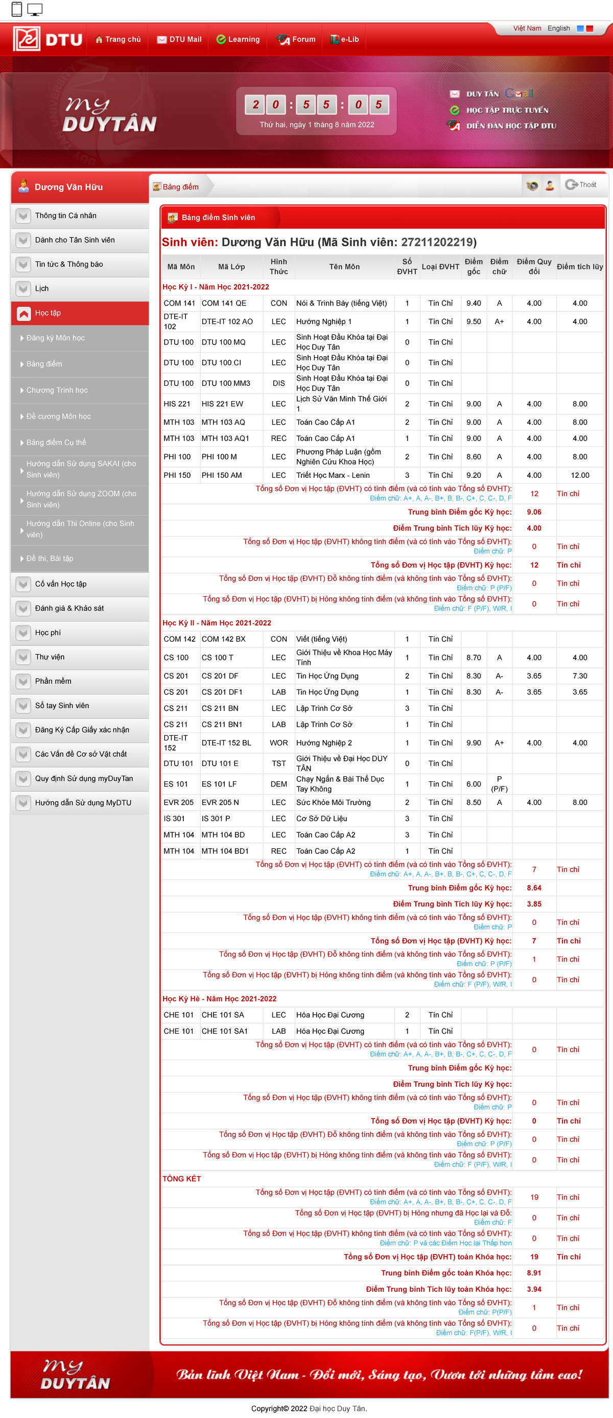 Bảng điểm - Okkkk - D±¡ng V n Hÿu Thông tin Cá nhân Dành cho Tân Sinh viên Tin tÿc & Thông báo ...