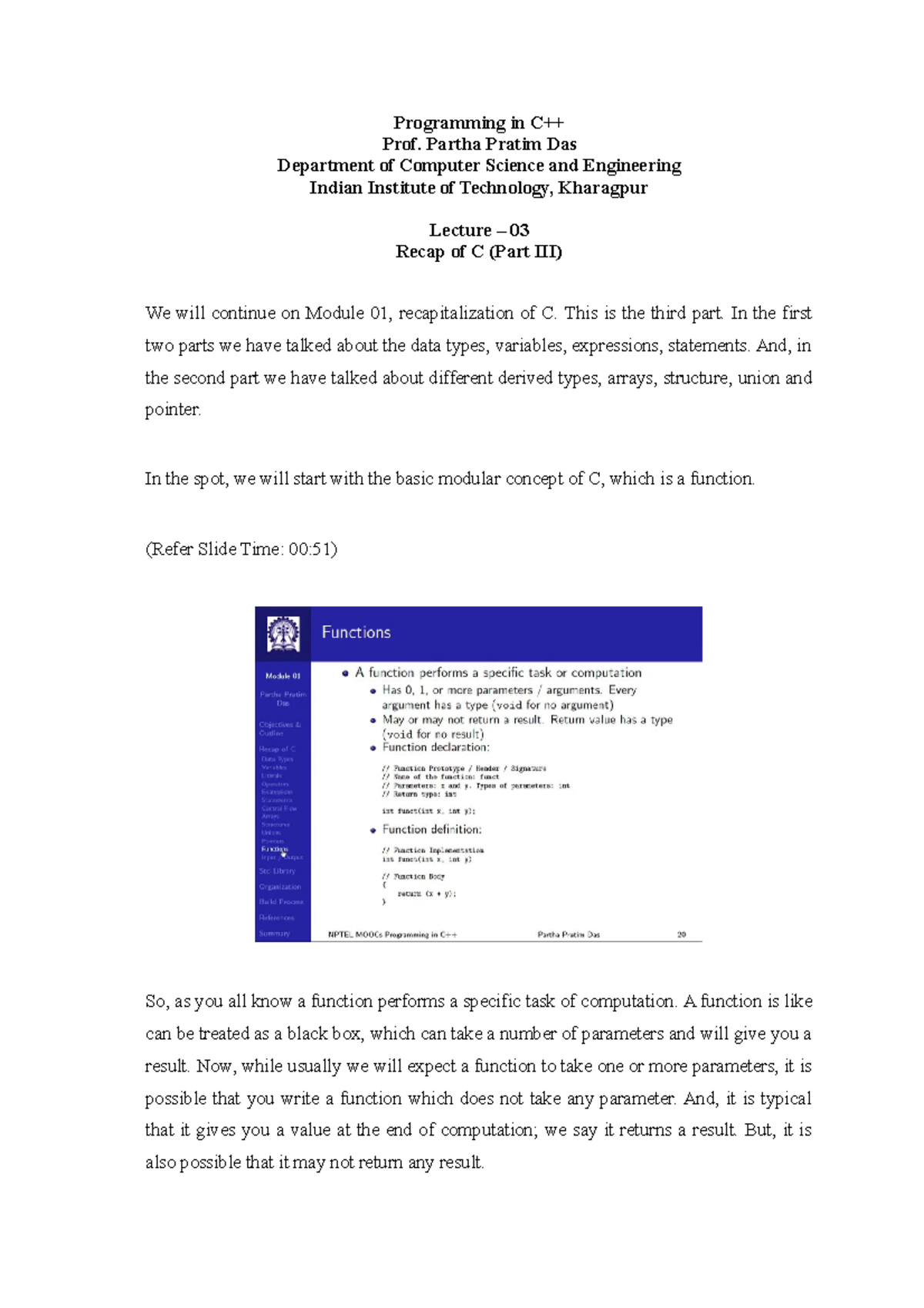 Lec3 - C++ Study Material - Programming in C++ Prof. Partha Pratim Das Department of Computer ...