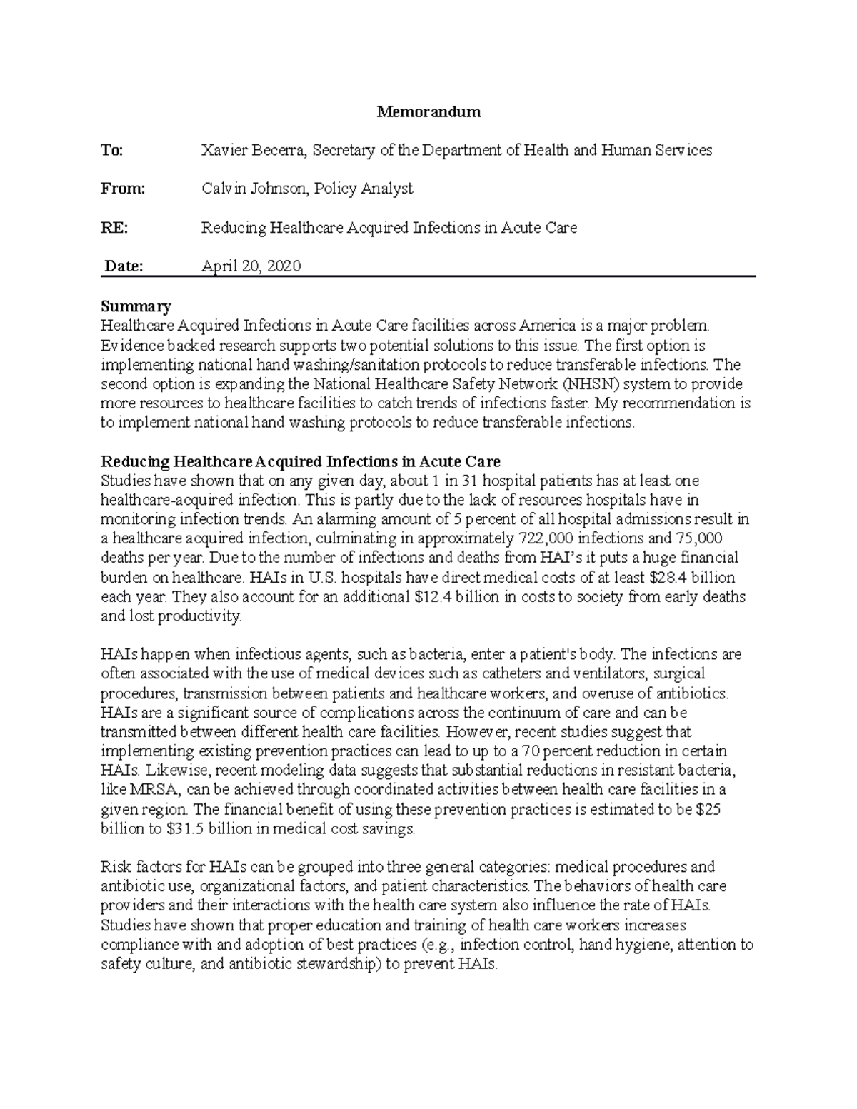 Policy Memo Final Calvin - Memorandum To: Xavier Becerra, Secretary of ...