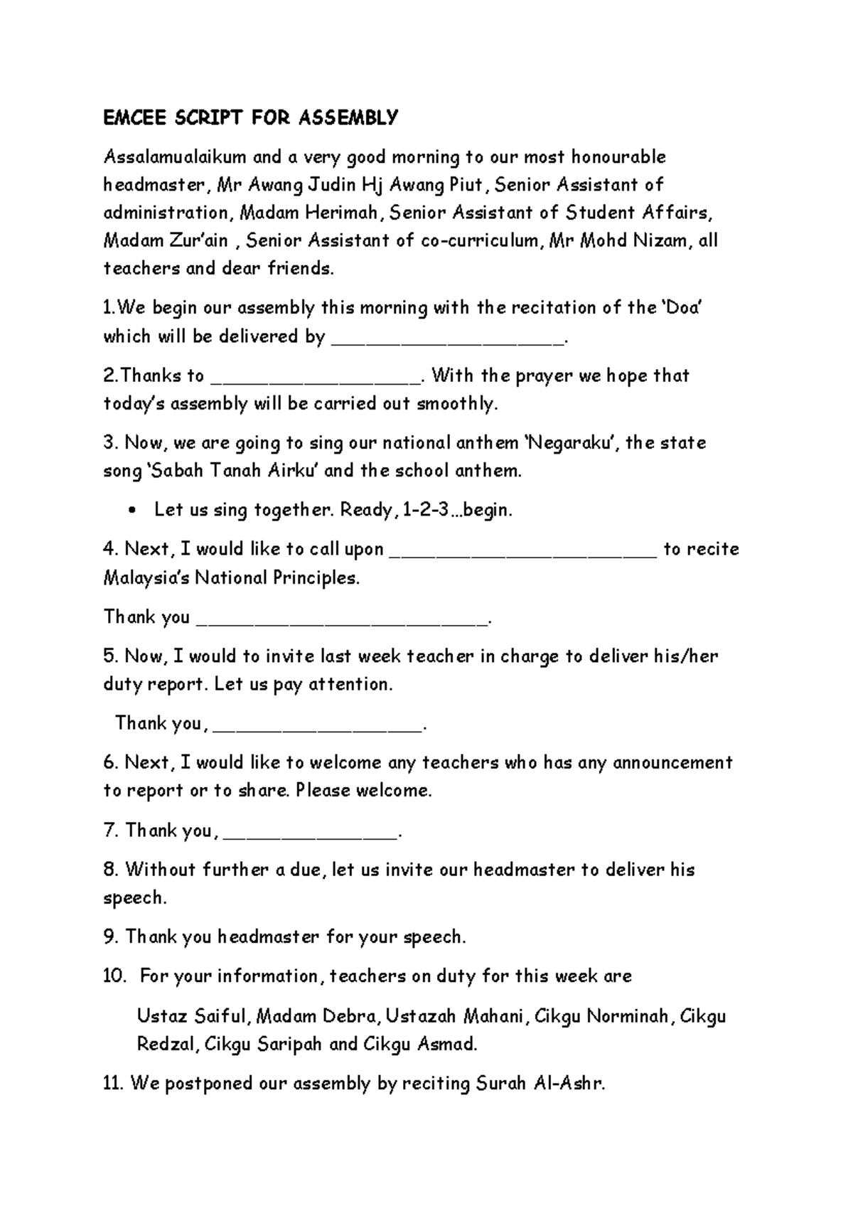 Emcee Script FOR Assembly - EMCEE SCRIPT FOR ASSEMBLY Assalamualaikum ...