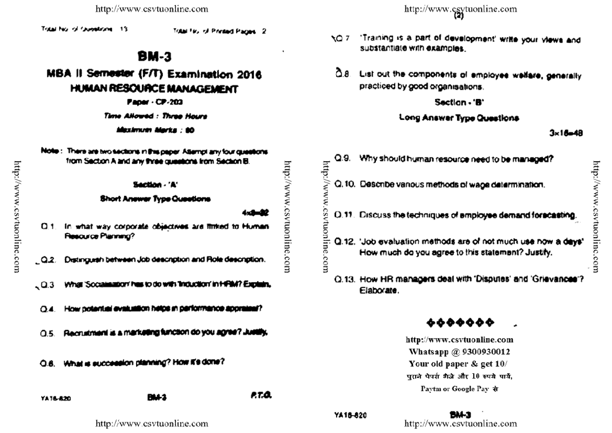 Mba 2 sem human resource management cp 203 2016 - (2) Total 13 Traw ...