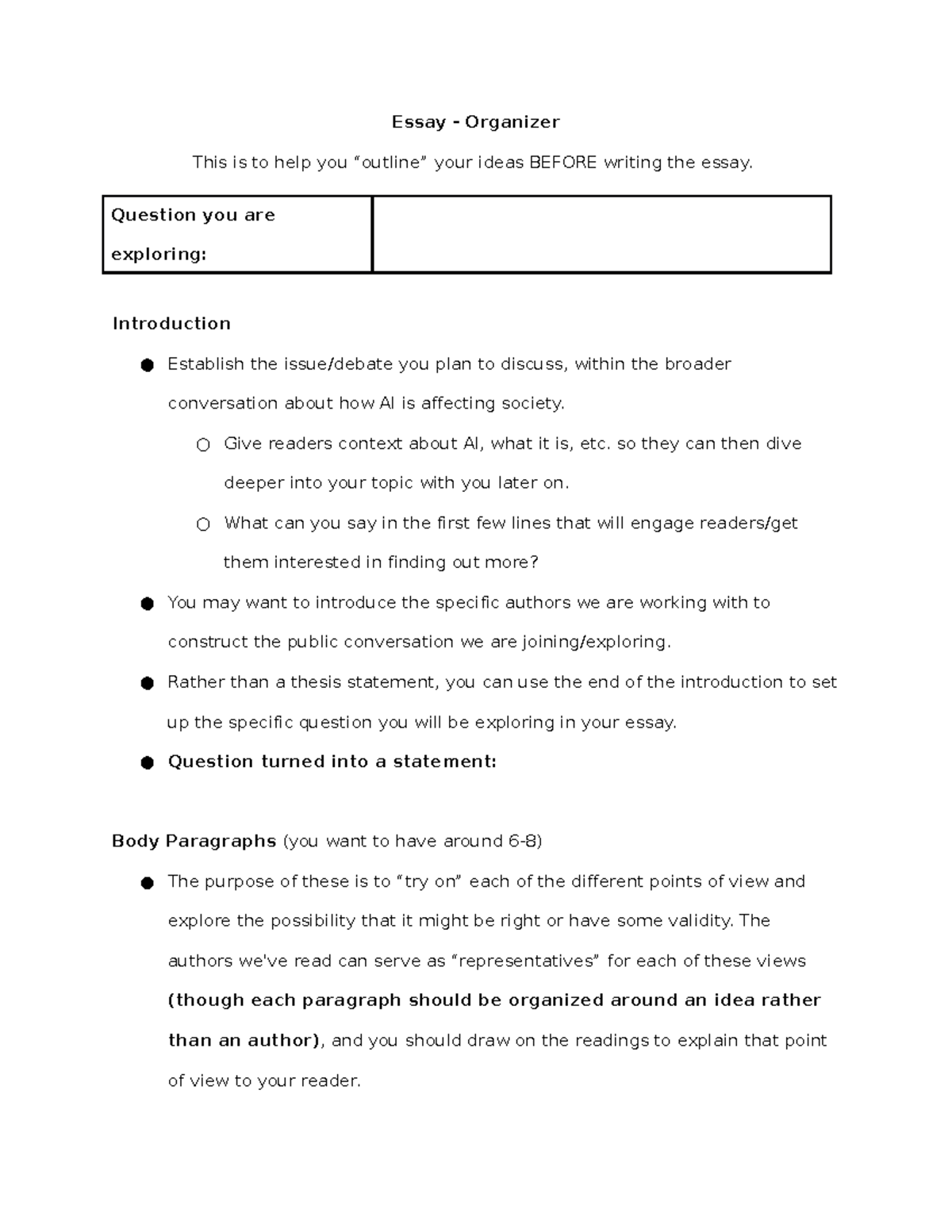 Exploratory essay organizer - Essay - Organizer This is to help you ...