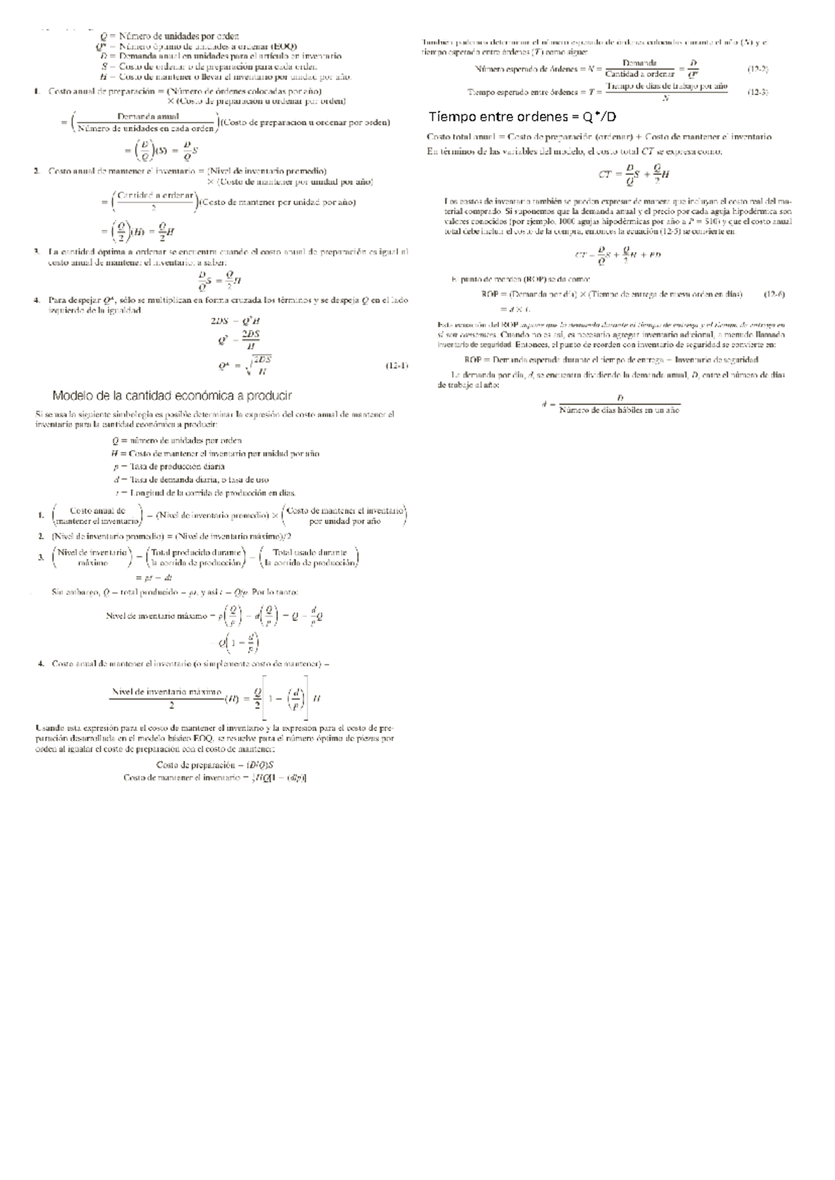 Formulario PCO - Formulas para la PC1 del curso - Tiempo entre ordenes = Q*/D Demanda ...