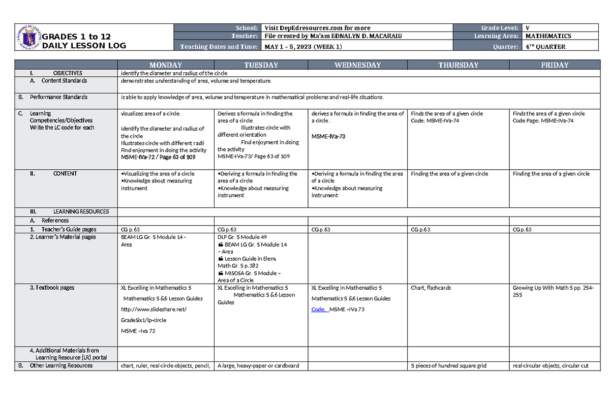 DLL Mathematics 5 Q4 W1 - This serves as a guide for everyone. - GRADES ...