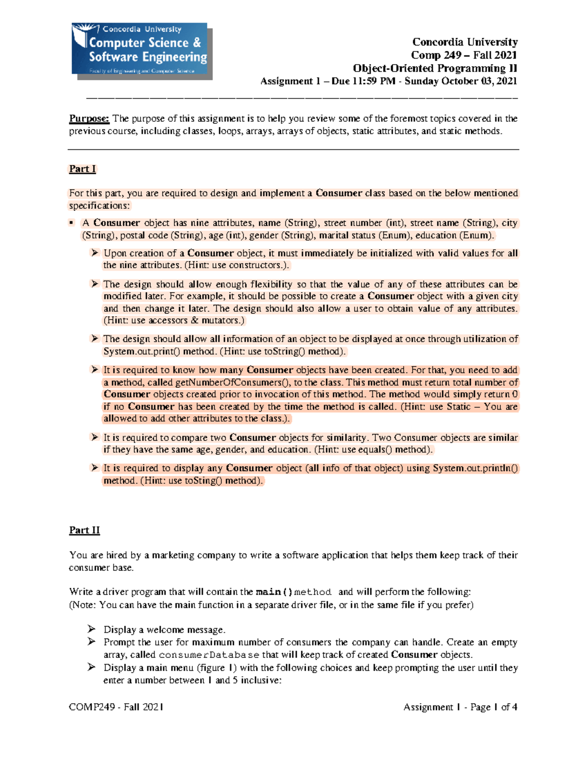 Comp249 F21 Assg1 fall semester - Concordia University Comp 249 – Fall 2021 Object-Oriented ...
