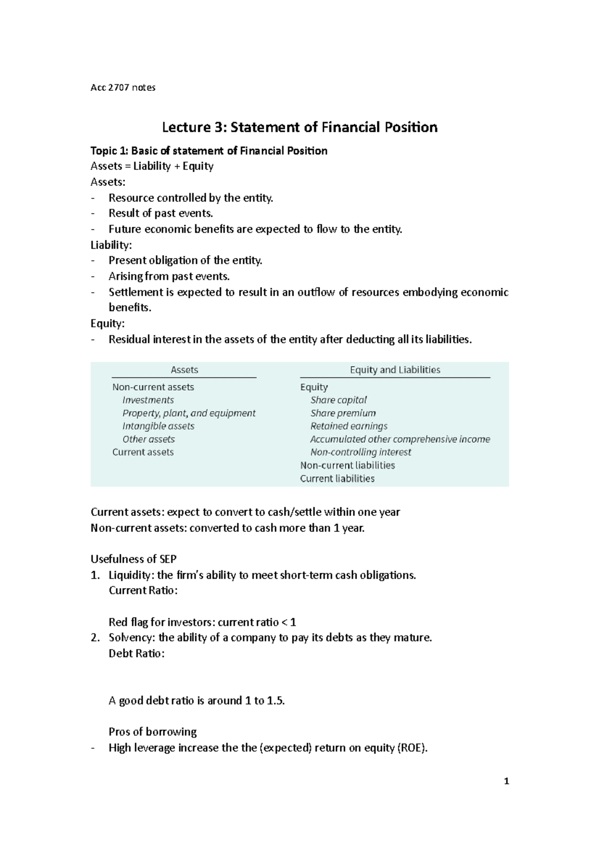 Acc 2707 notes - summary - Acc 2707 notes Lecture 3: Statement of ...