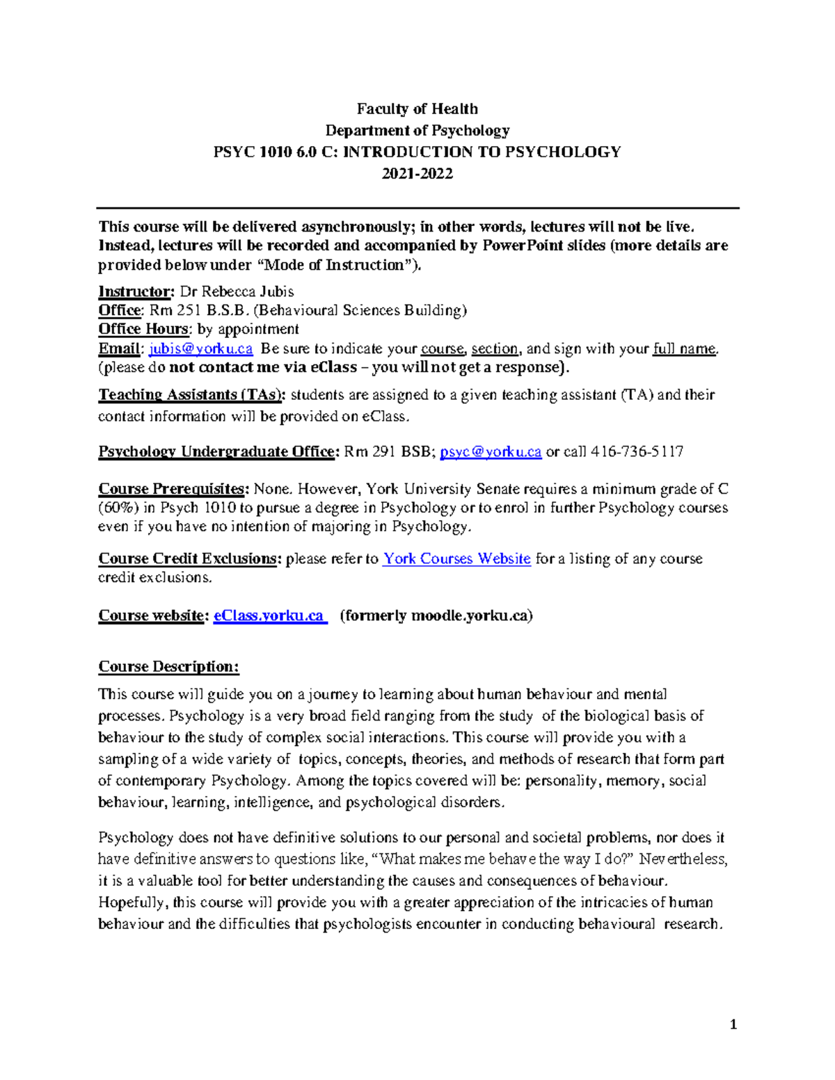 PSYC-1010C Course-Outline Jubis Y2021 - Faculty of Health Department of Psychology PSYC 1010 6 C ...