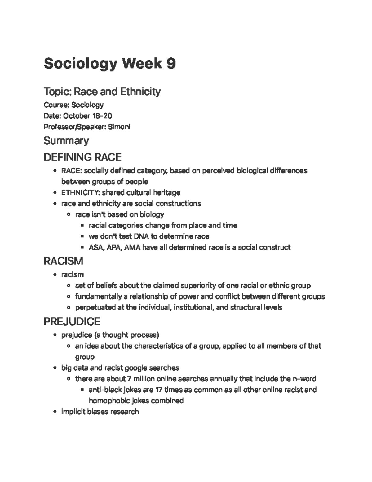 Sociology Week 9 - Week 9 notes about race and ethnicity - Sociology ...