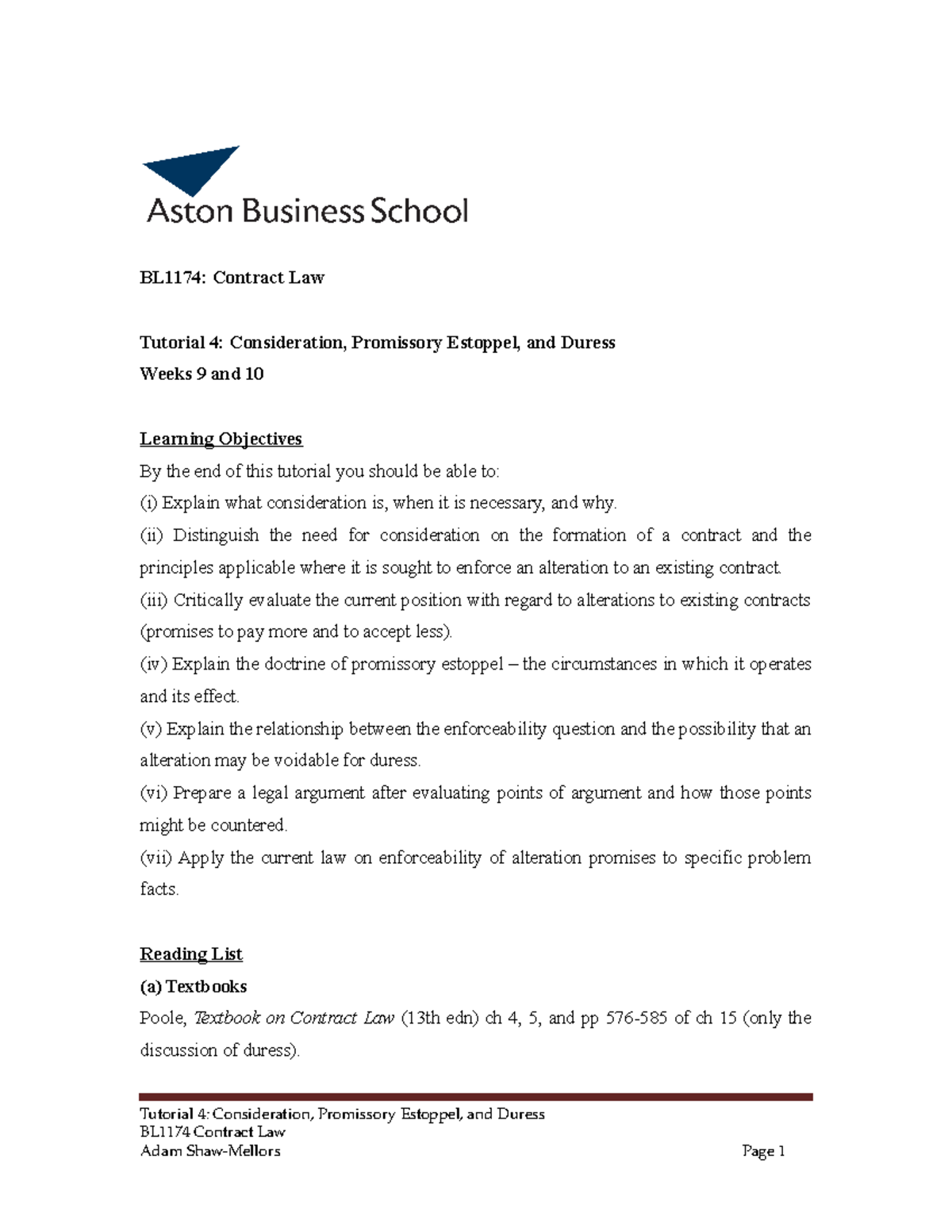 Tutorial 4 - Consideration, Estoppel, and Duress 16-17 - BL1174: Contract Law Tutorial 4: - Studocu