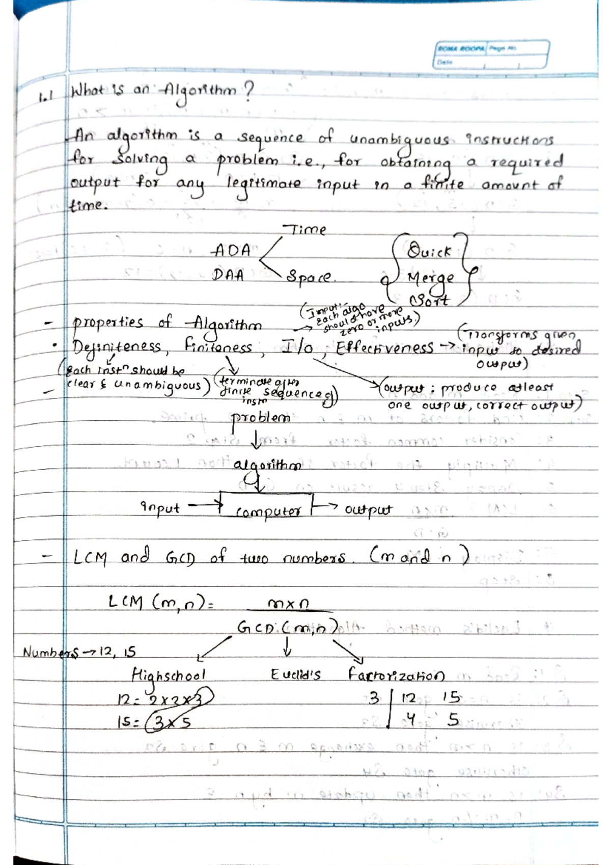 Ada Notes Of First Module Ada Boma Roopa Page And Date 1 What Is An Algorithm An Algorithm