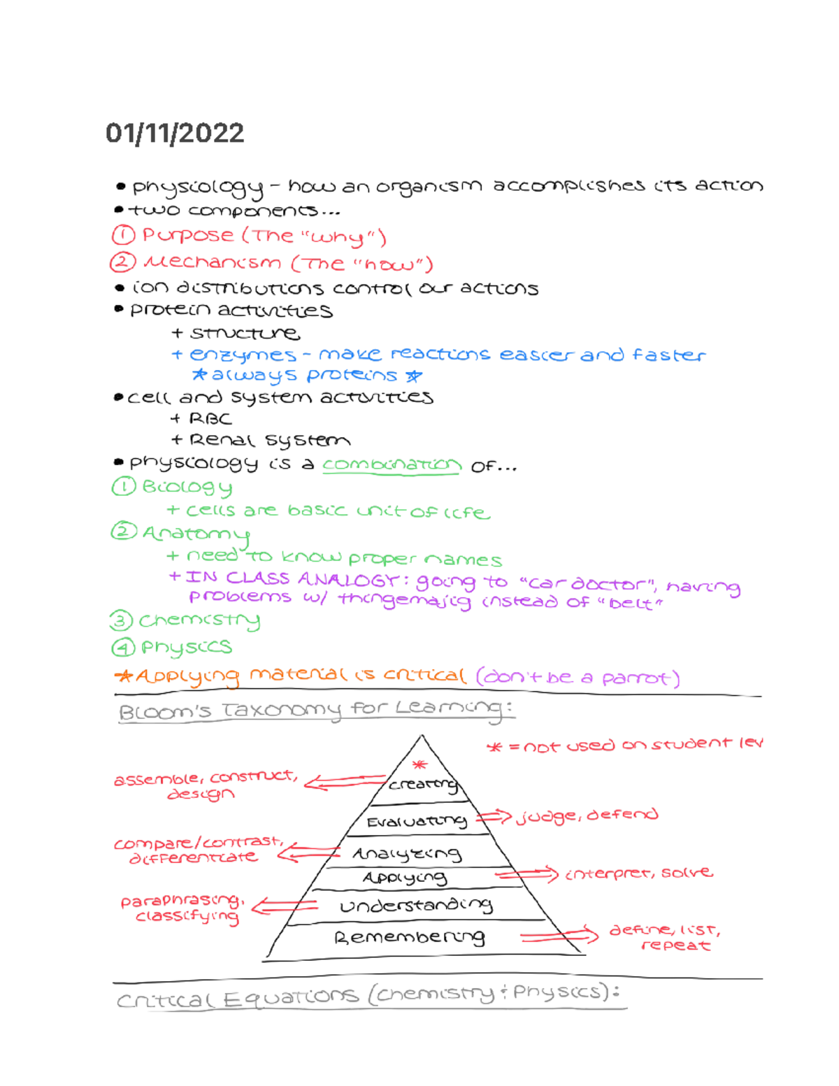 01:11:2022 - Physiology basics, Bloom's Taxonomy, and the four critical ...