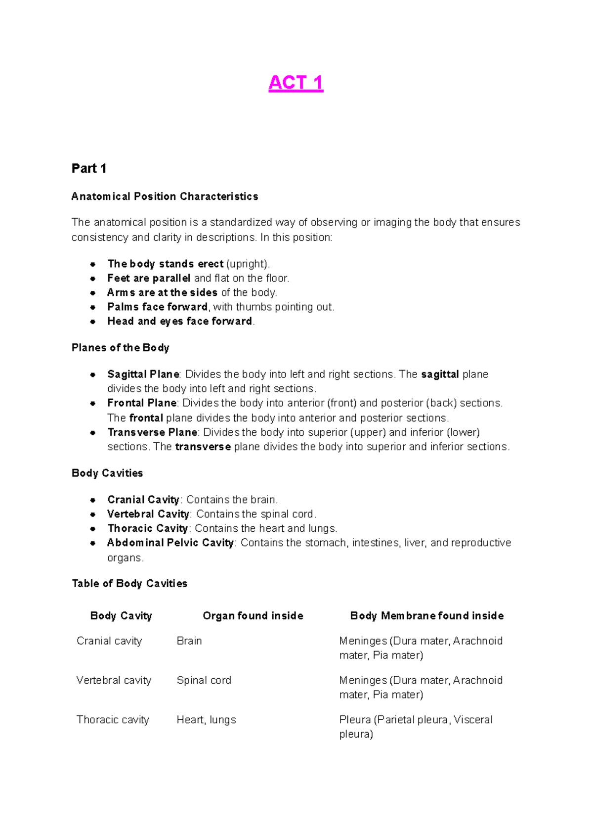 ACT 1 Human BODY - dcacs - ACT 1 Part 1 Anatomical Position ...
