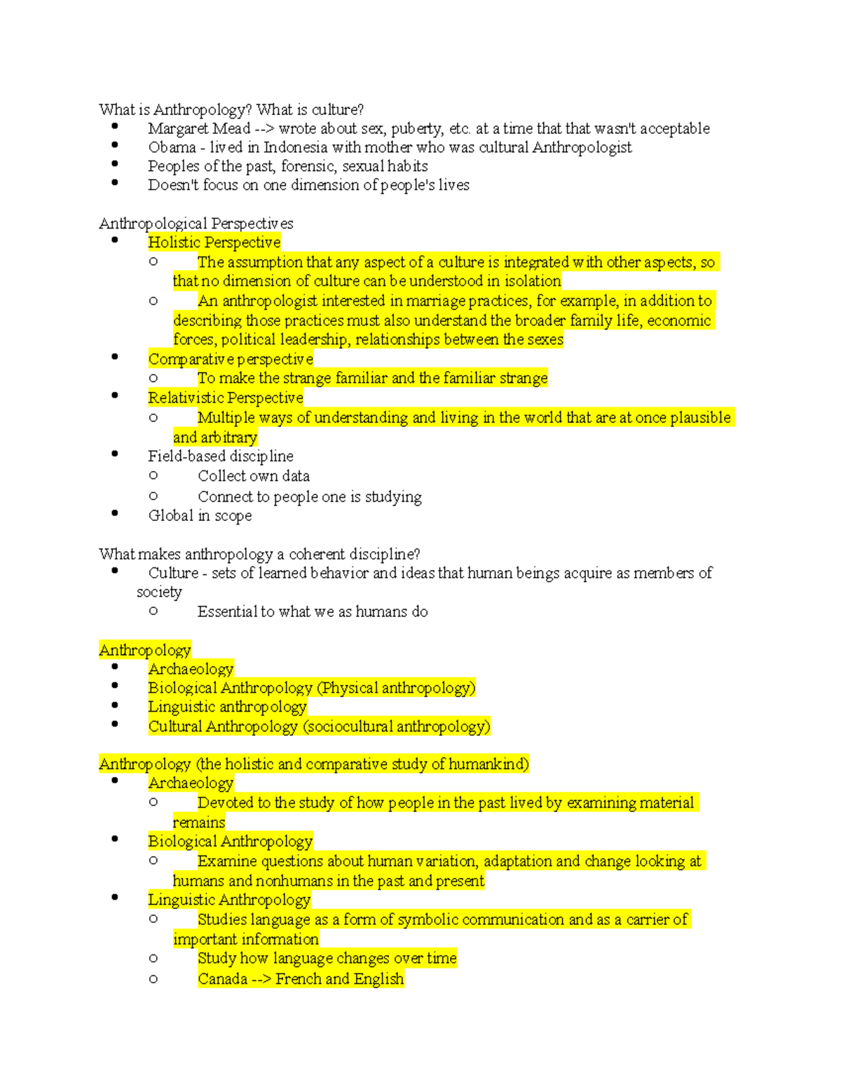 Anth195 Notes - What is Anthropology? What is culture? Margaret Mead ...