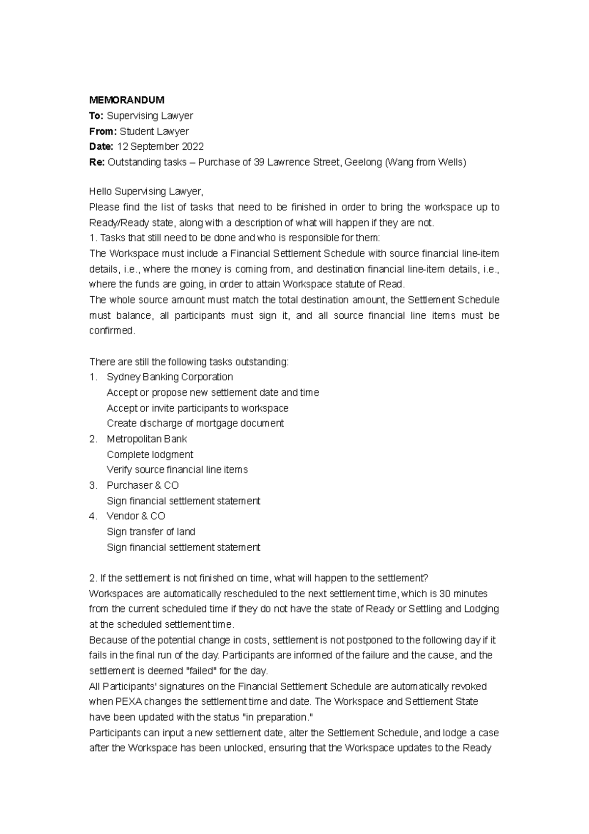 A3 Memorandum - MEMORANDUM To: Supervising Lawyer From: Student Lawyer ...