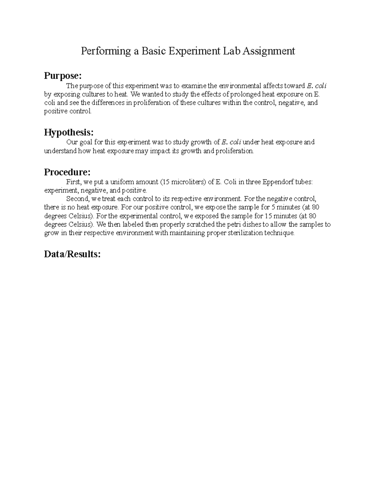 Performing a Basic Experiment Lab Assignment - Performing a Basic ...