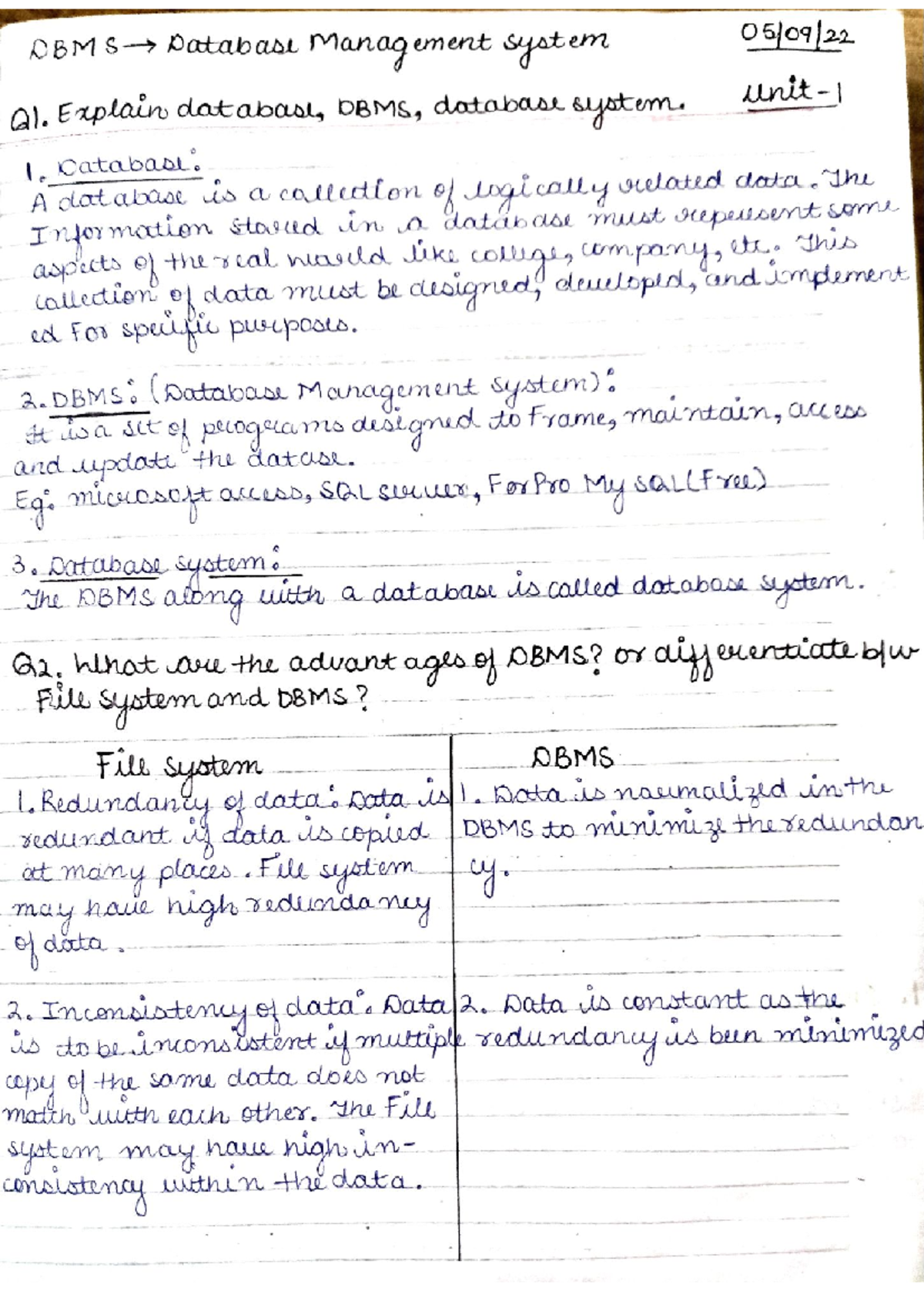 DBMS Unit 1 - notes - DBMS B.tech 3 year - Studocu