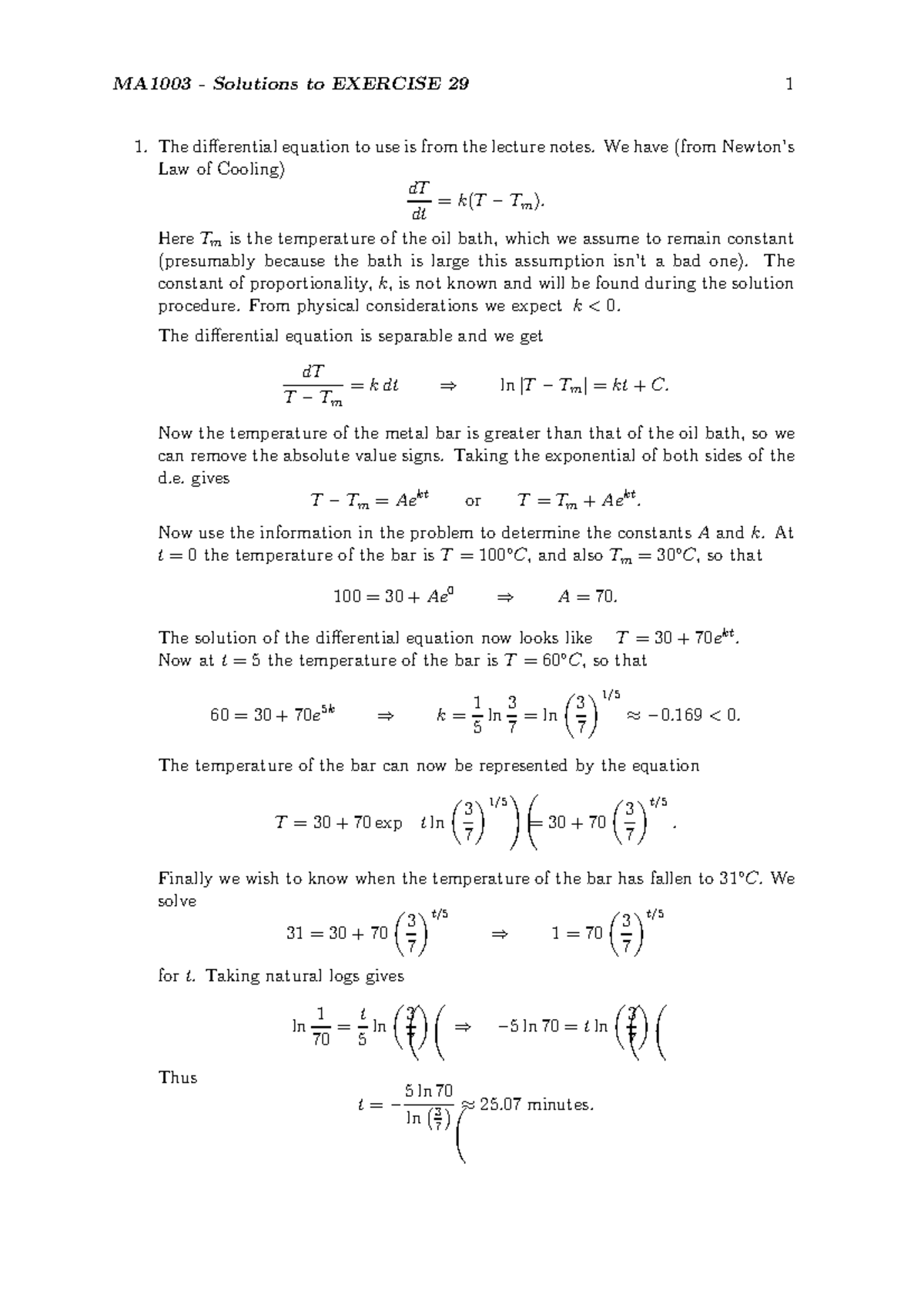 Exercise 29 Solutions - MA1003 - Solutions to EXERCISE 29 1 The ...