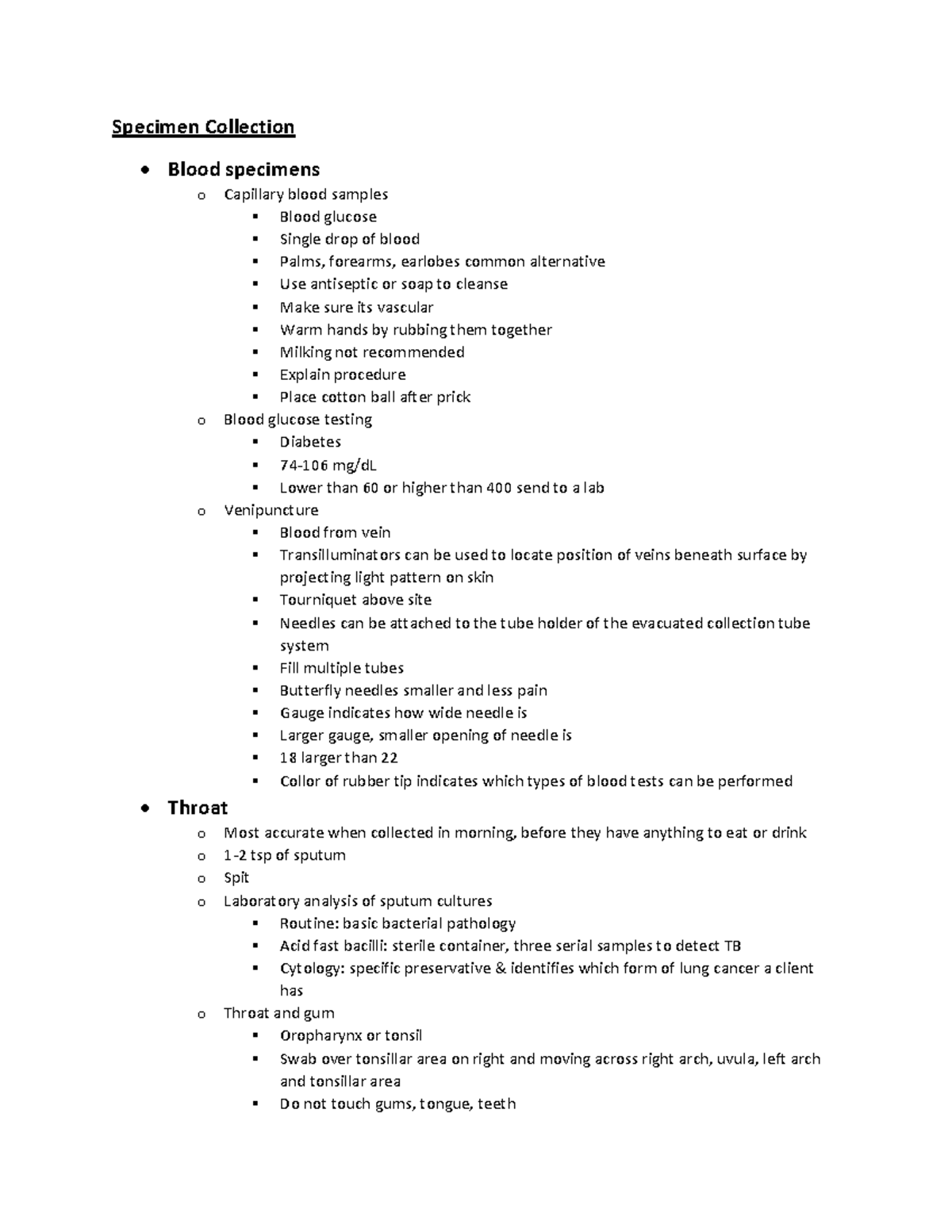 Specimen collection - Specimen Collection • Blood specimens o Capillary ...