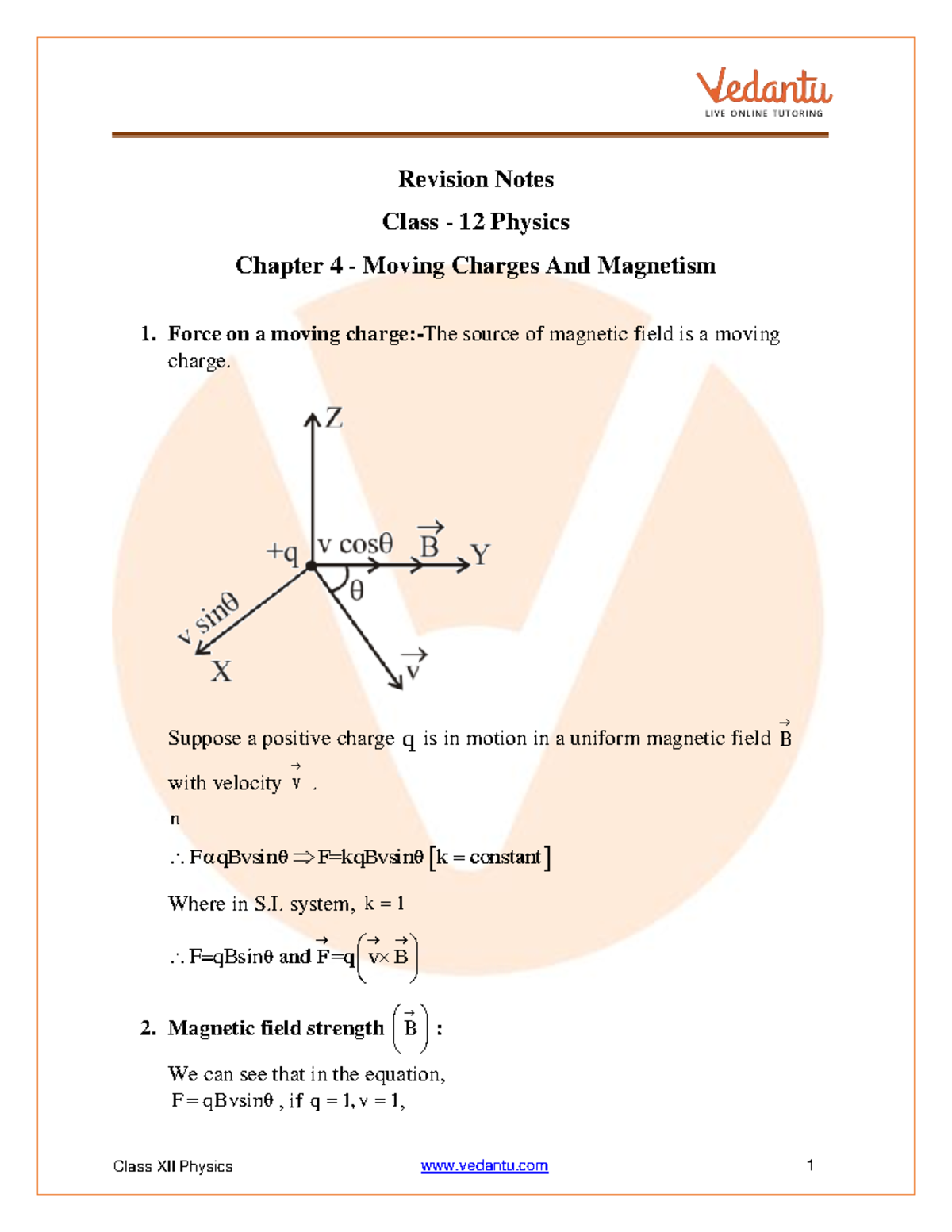 Class 12 Physics Revision Notes Moving Charges and Magnetism - Revision ...