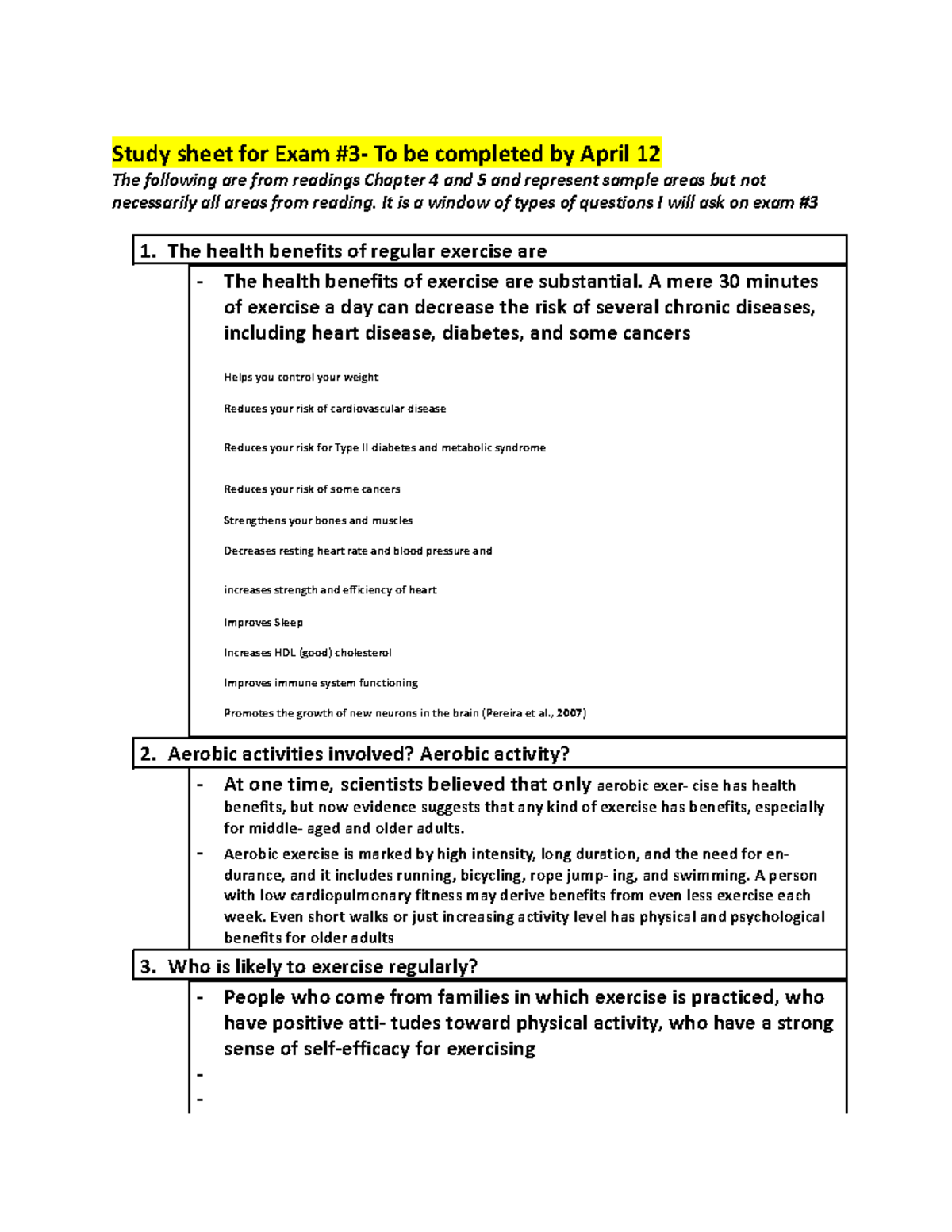 Study Sheet for Exam 3 Health Psychology - Study sheet for Exam #3- To ...