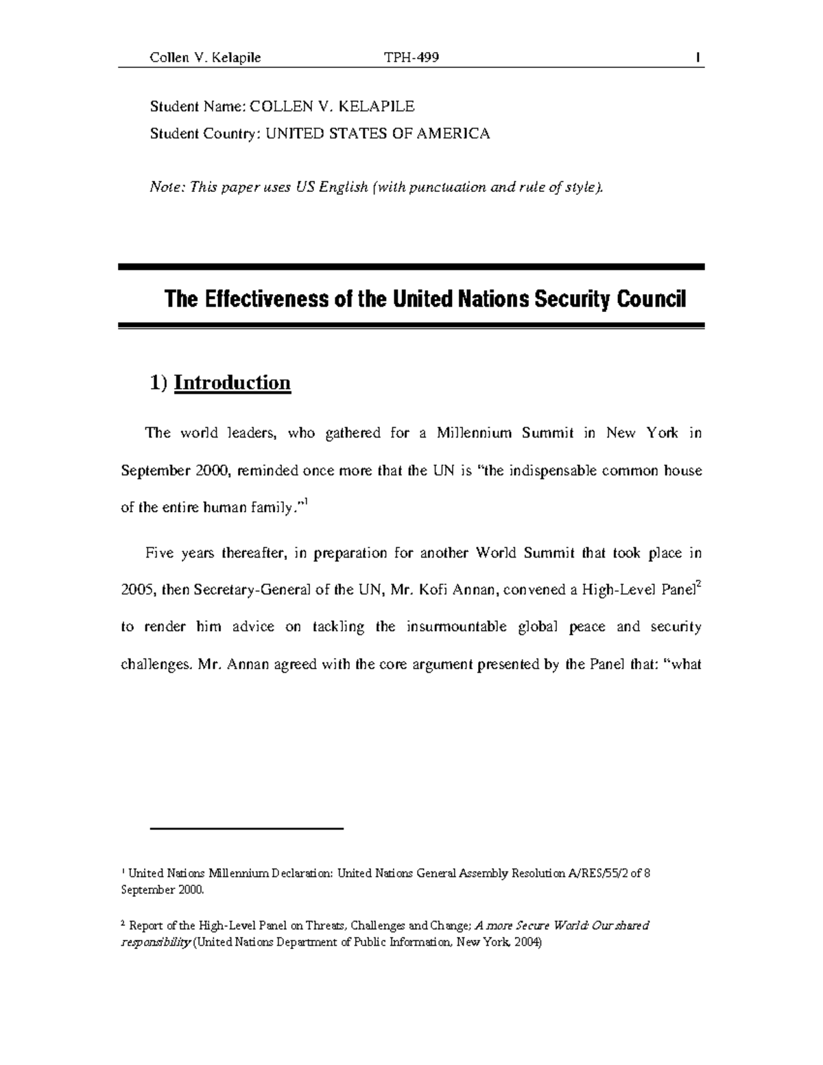 Collen Kelapile - UNSC Effectiveness - Student Name: COLLEN V. KELAPILE ...