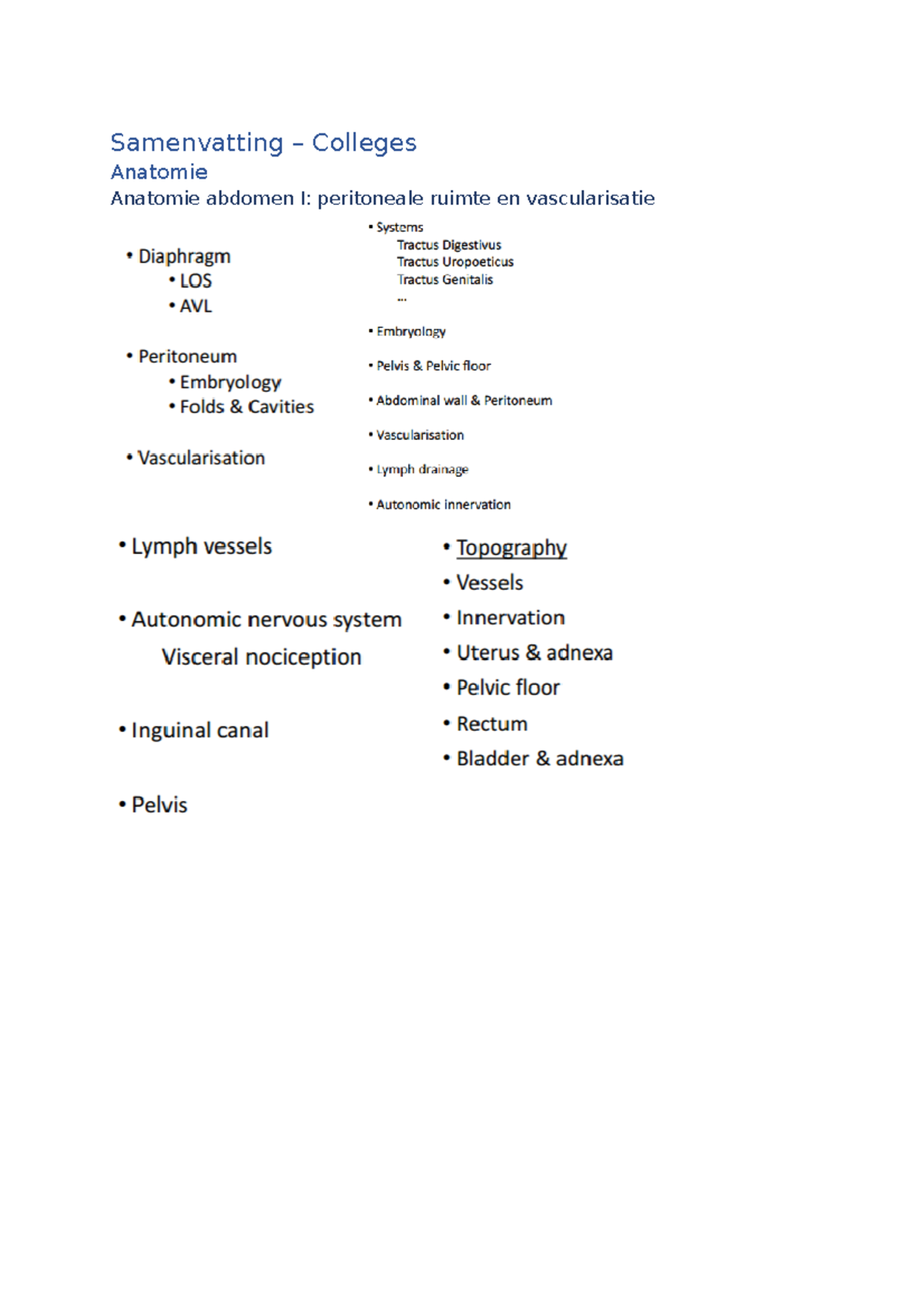 Samenvatting Colleges Abdomen Jaar 3 Samenvatting Colleges Anatomie