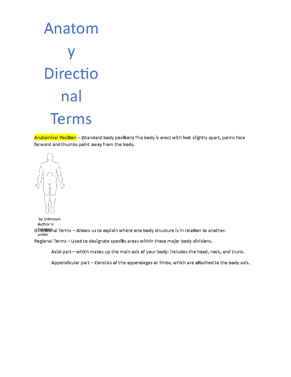 Anatomical Position - Directional Terms – Allows us to explain where ...