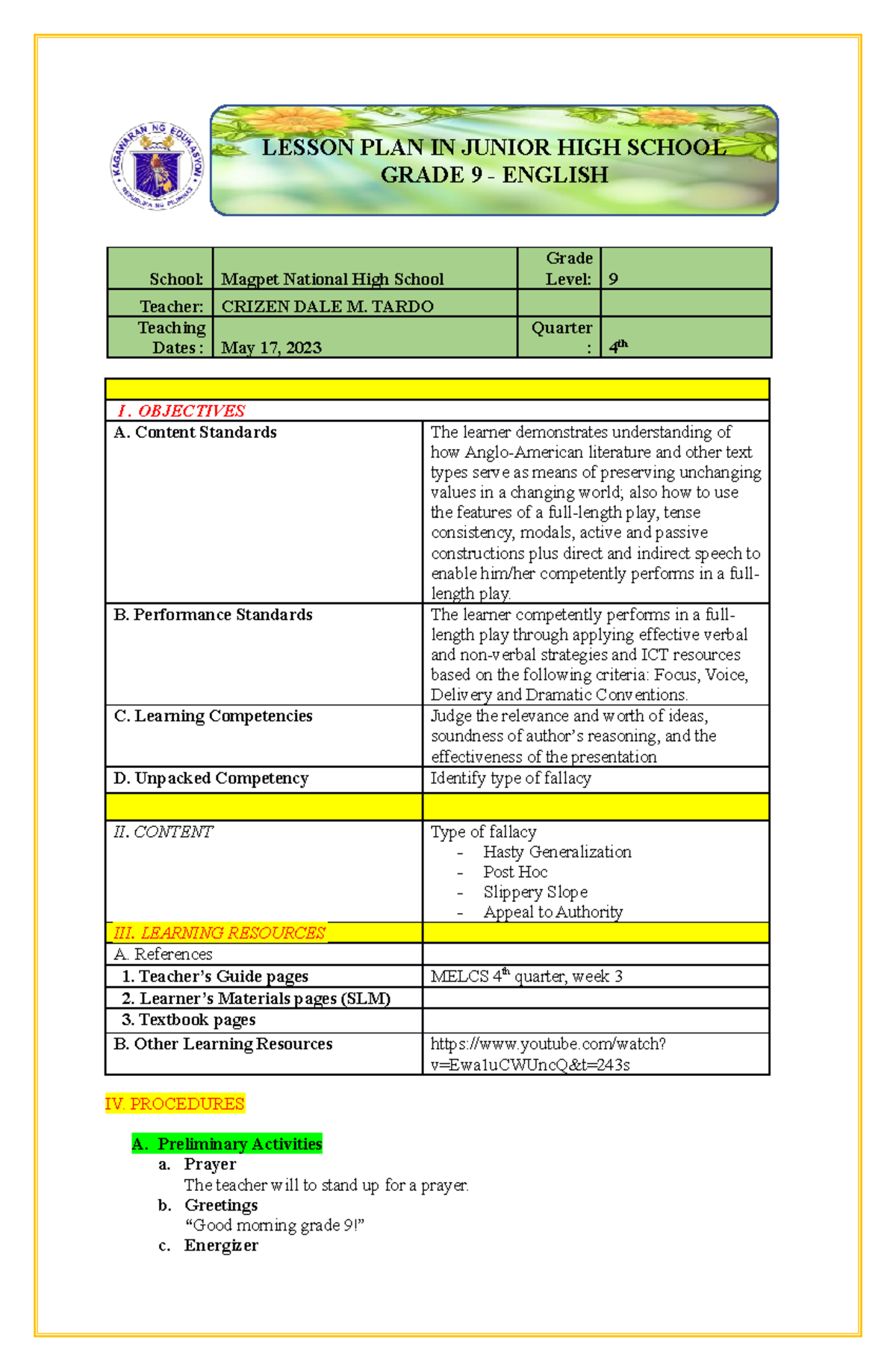 LP Grade 9 English Lesson Plan Types Of Fallacies School Magpet 