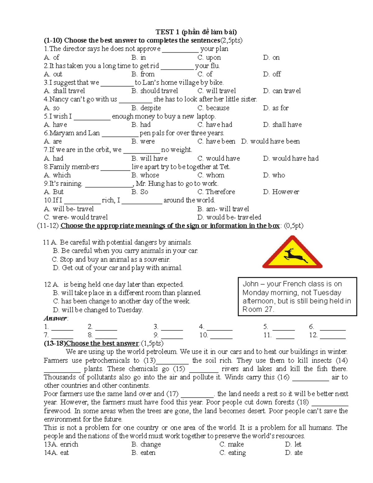 english secondary - TEST 1 (phần đề làm bài) (1-10) Choose the best ...