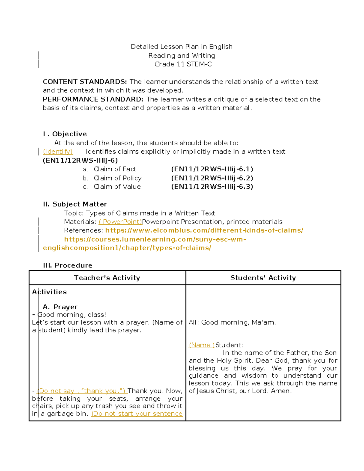 Types of Claims 4th LP - internship lesson plan - Detailed Lesson Plan ...