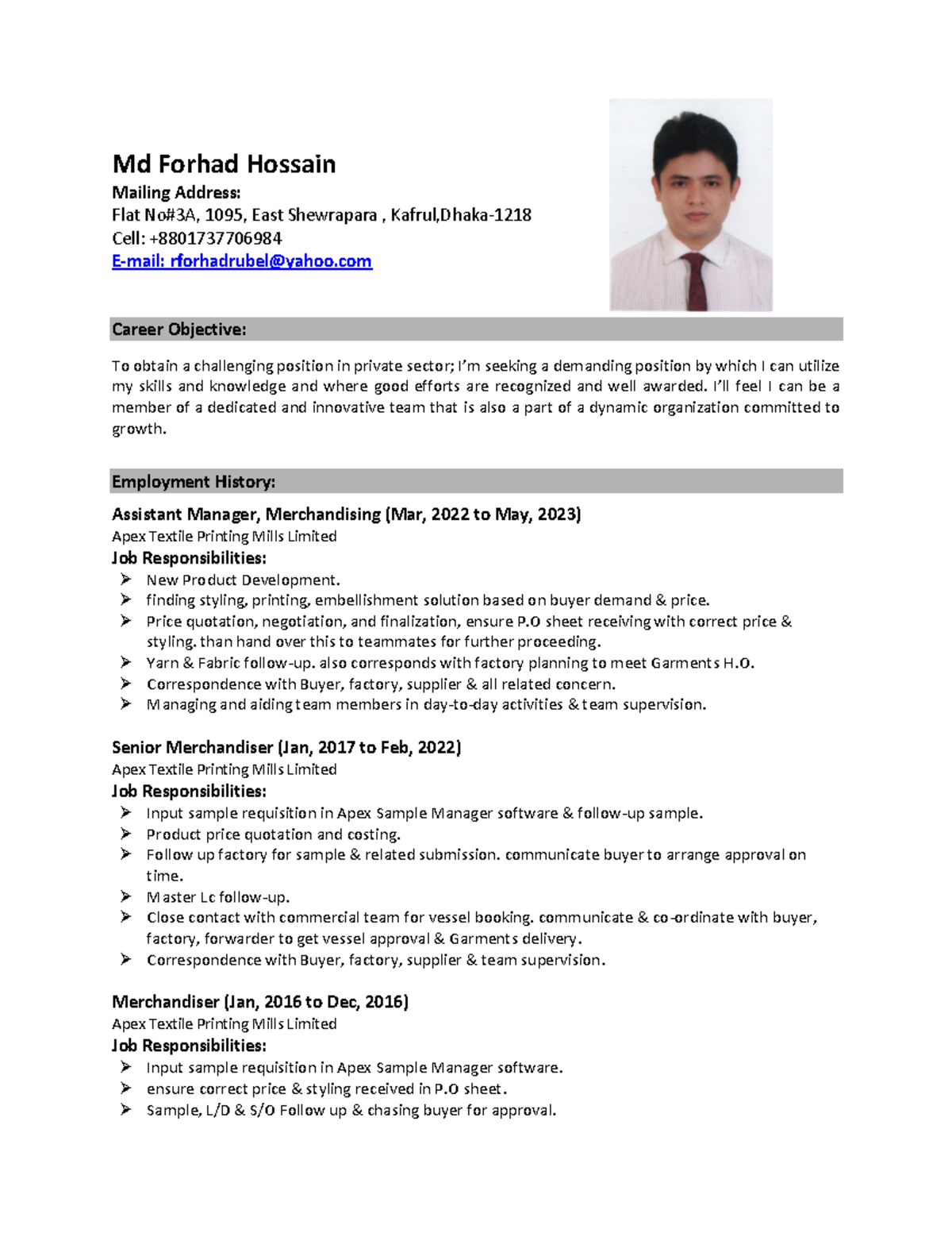 CV Md Forhad Hossain - dffd - Md Forhad Hossain Mailing Address: Flat ...
