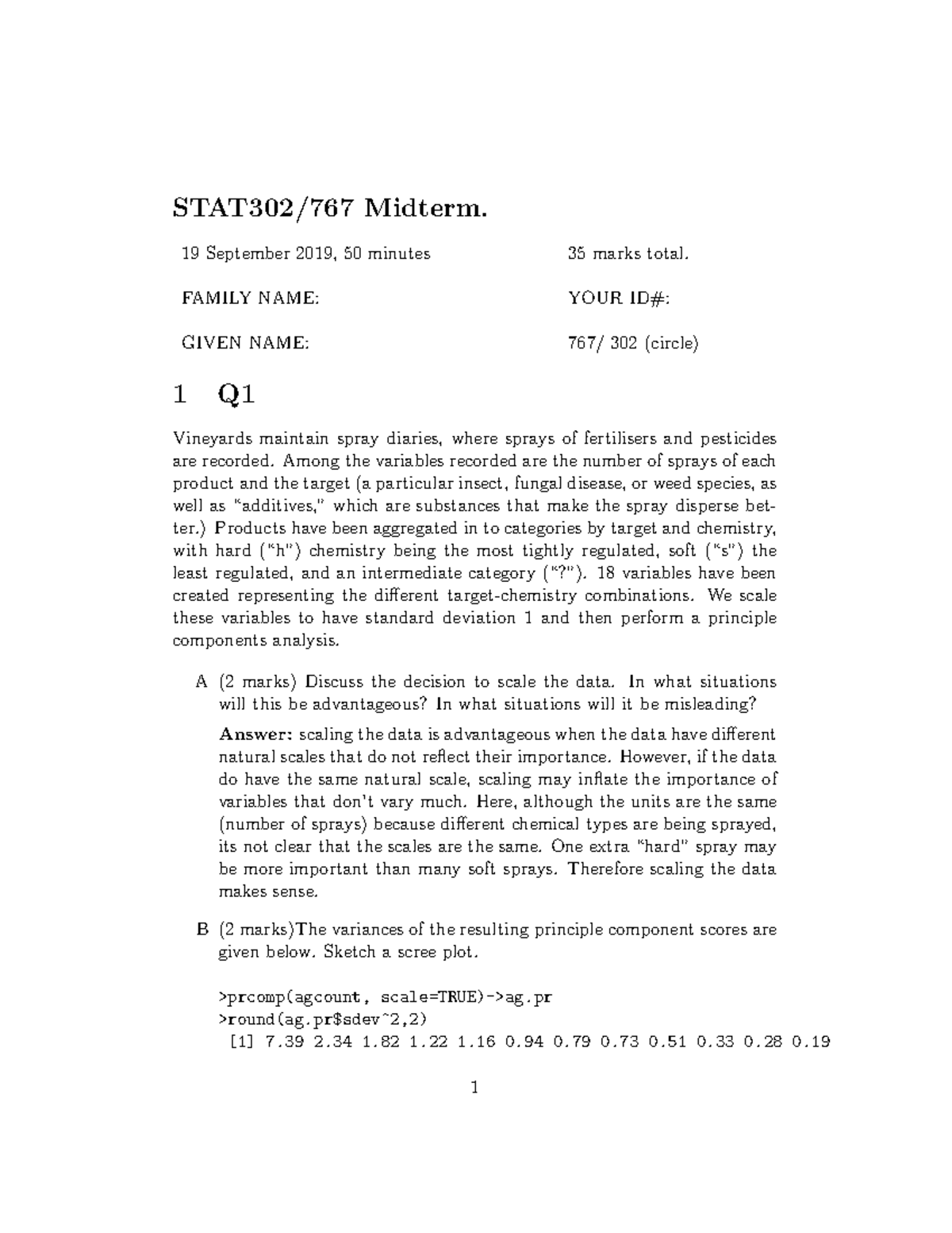 Midterm 2019 - questions and answers - STAT302/767 Midterm. 19 ...