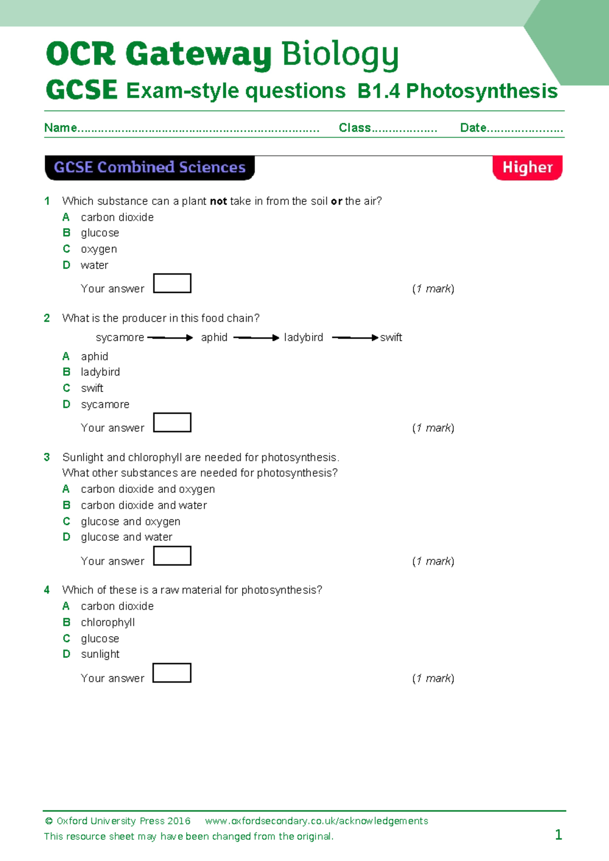 B1 - Photosynthesis (combined) - - Studocu