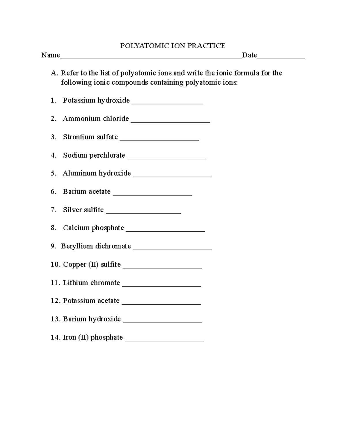 Polyatomic ION Practice - CHM1025 - MDC - Studocu