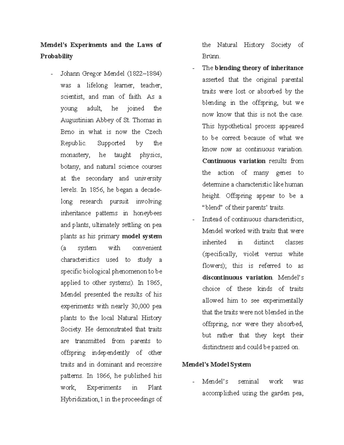 Learning Guide Unit 2 Notes - Mendel’s Experiments and the Laws of ...