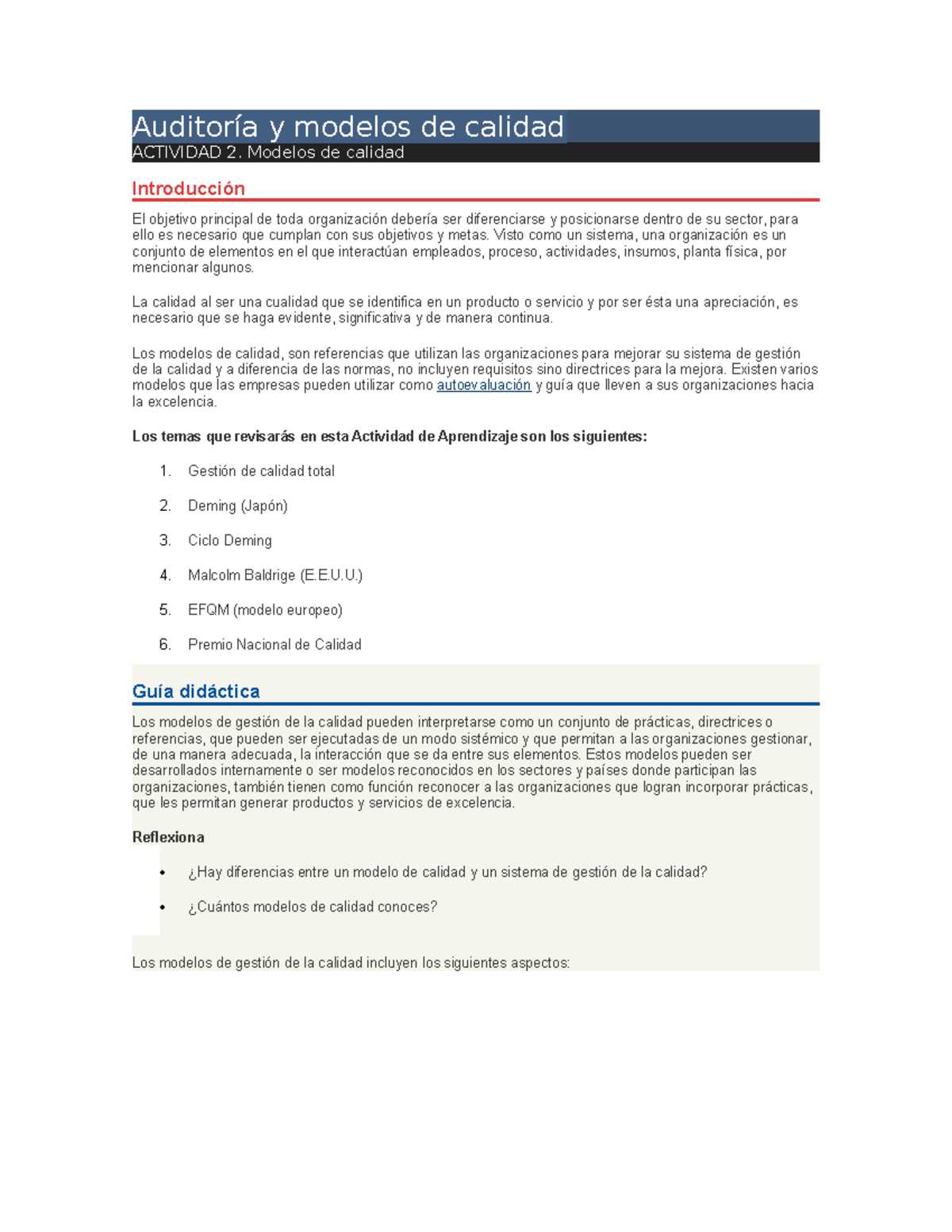 U2 Auditoría y modelos de calidad (Modelos de calidad) - Auditoría y modelos de calidad ...