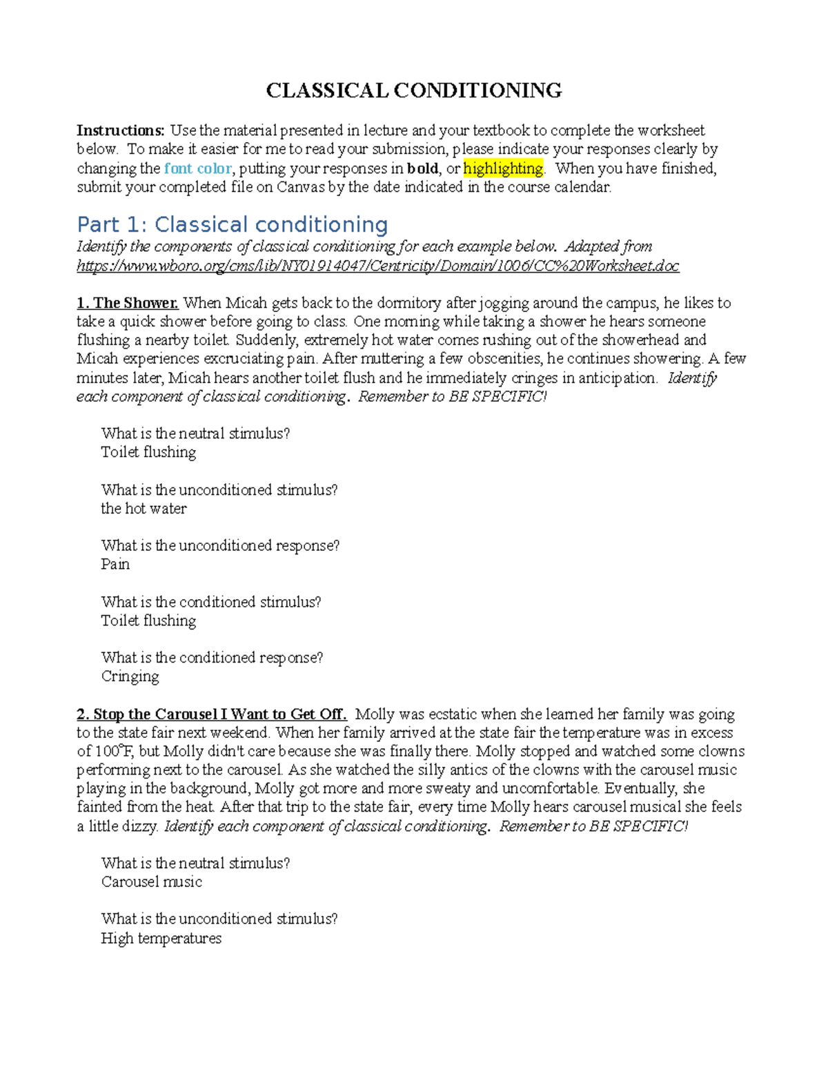 Classical Conditioning - CLASSICAL CONDITIONING Instructions: Use the ...
