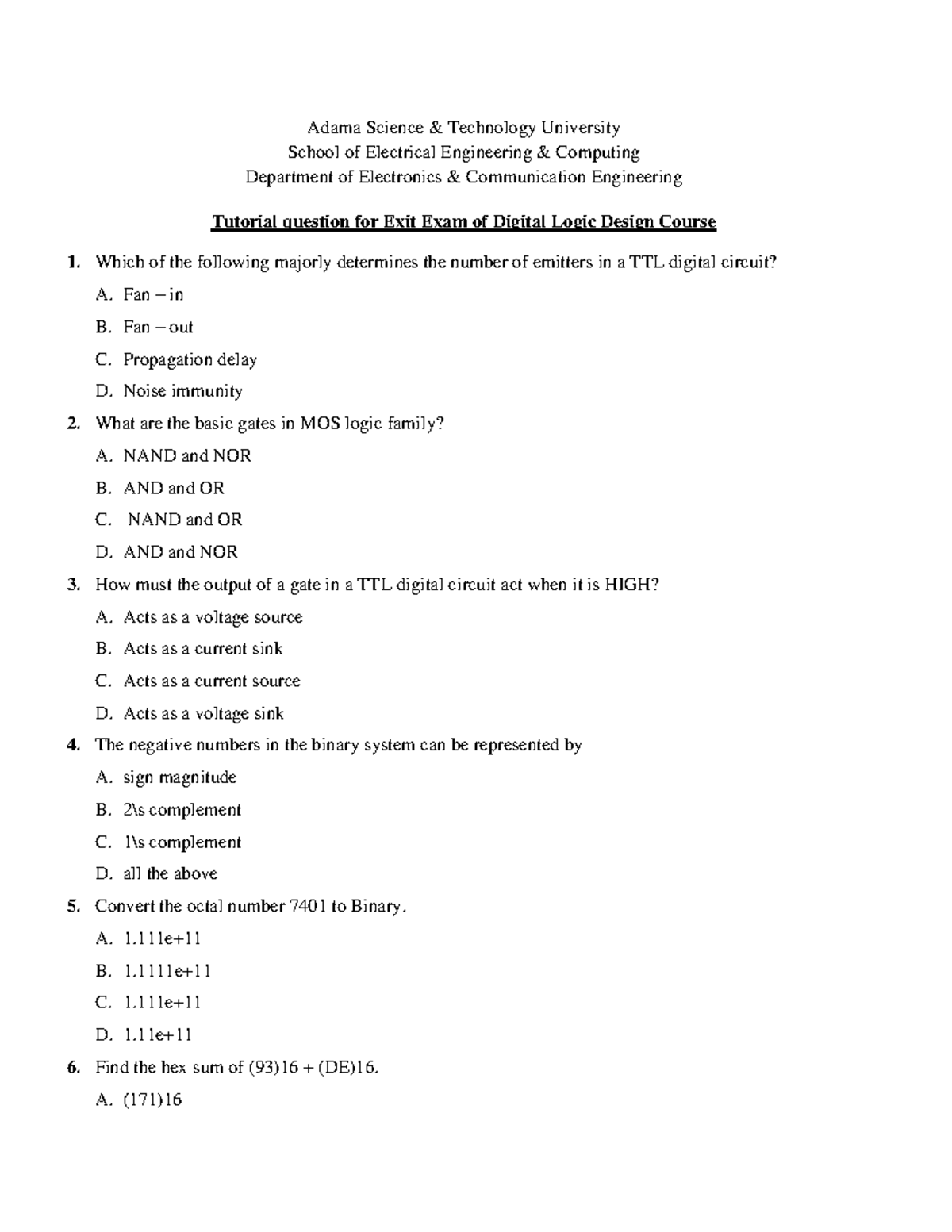 125 Tutotial Question for DLD Exit Exam - Adama Science & Technology ...
