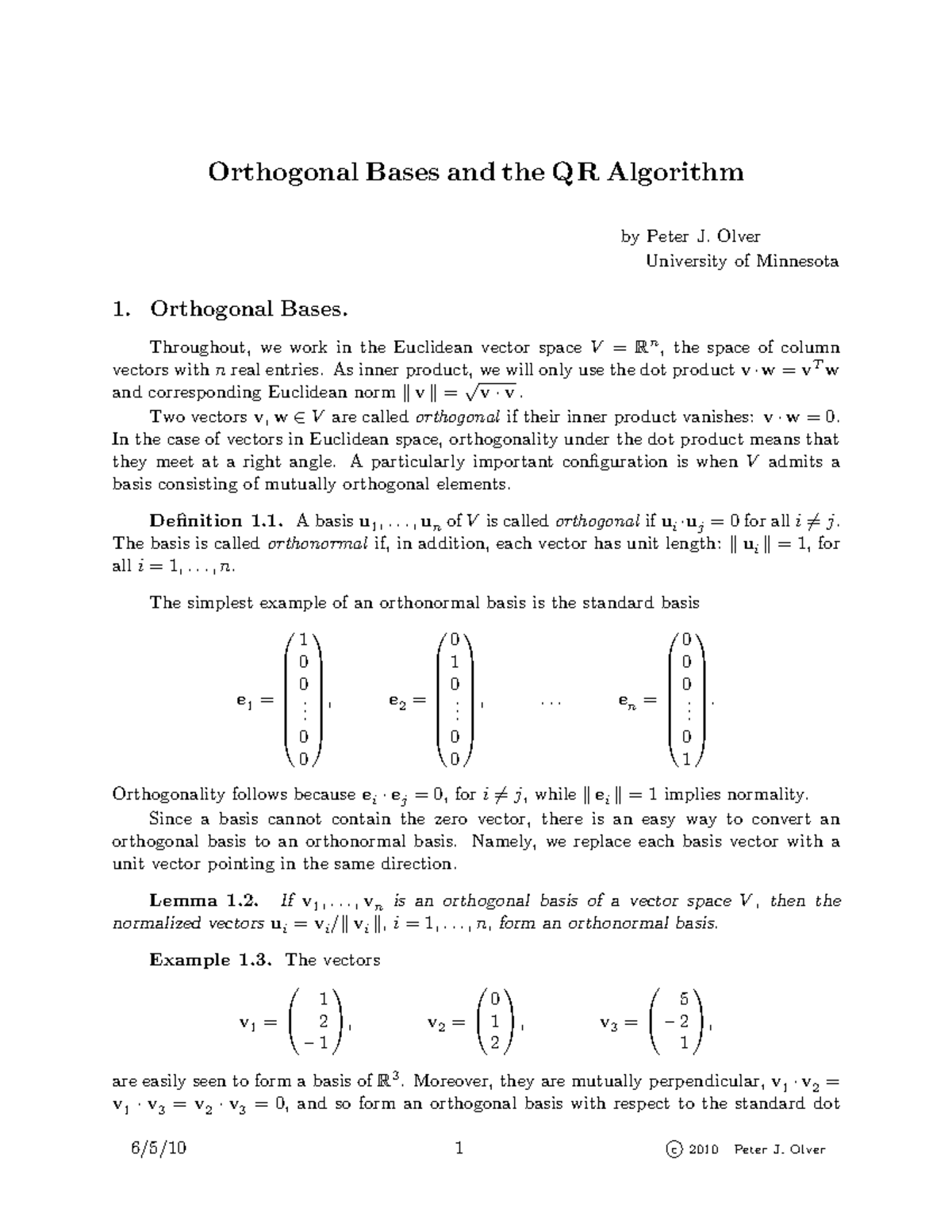 QR Algorithm - Orthogonal Bases and the QR Algorithm by Peter J. Olver ...